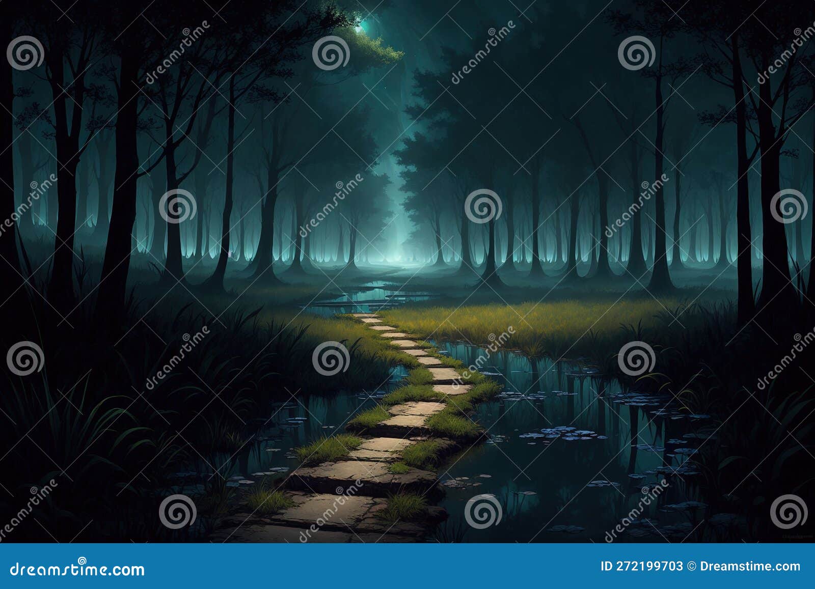 Sky View, Horizon, a Path in a Dark Swamp Stock Illustration ...