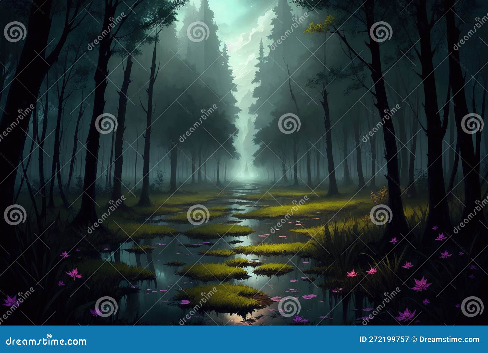 Sky View, Horizon, a Path in a Dark Swamp Stock Illustration ...