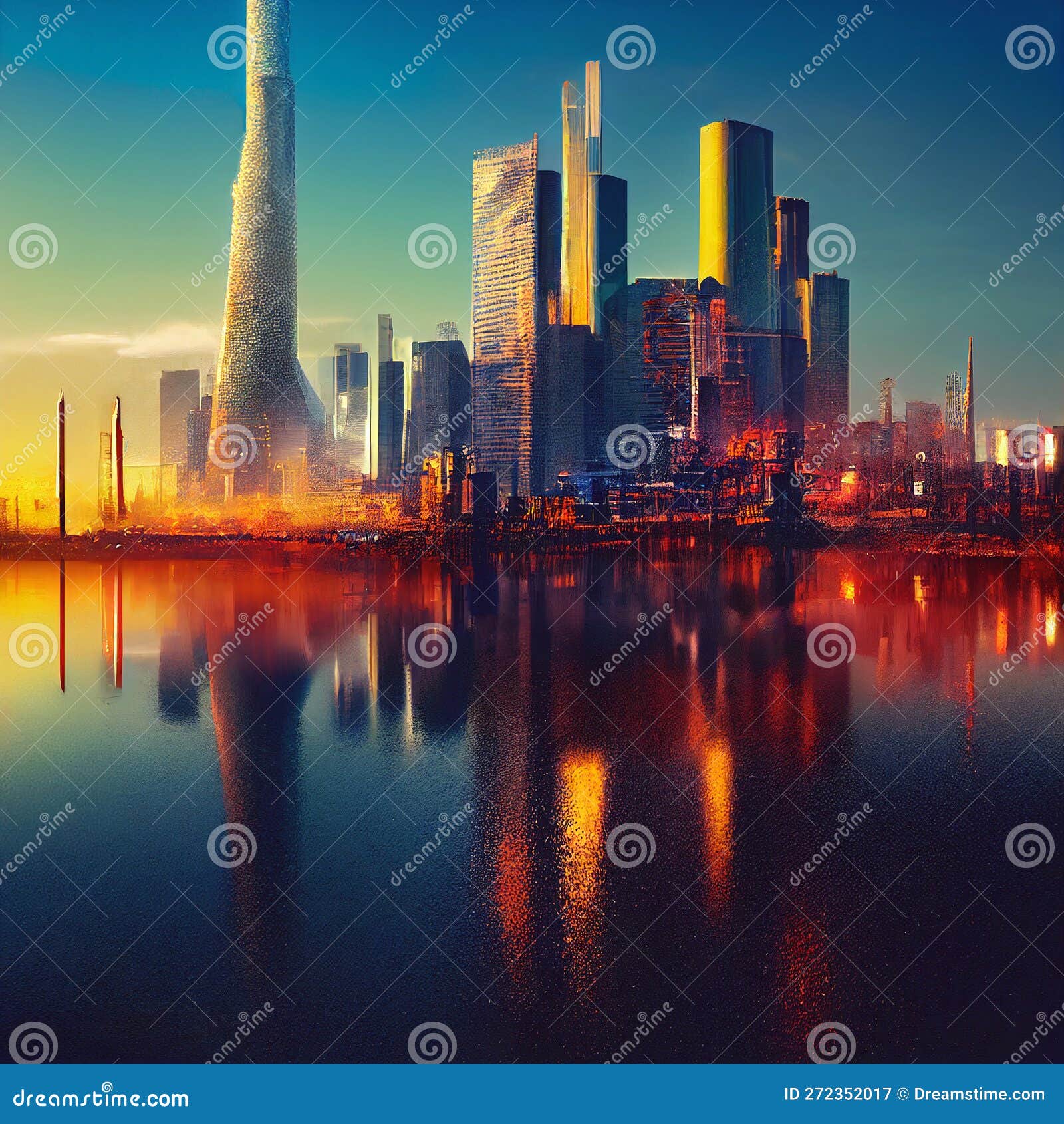 Skycrapers view at sunset stock illustration. Illustration of shore ...