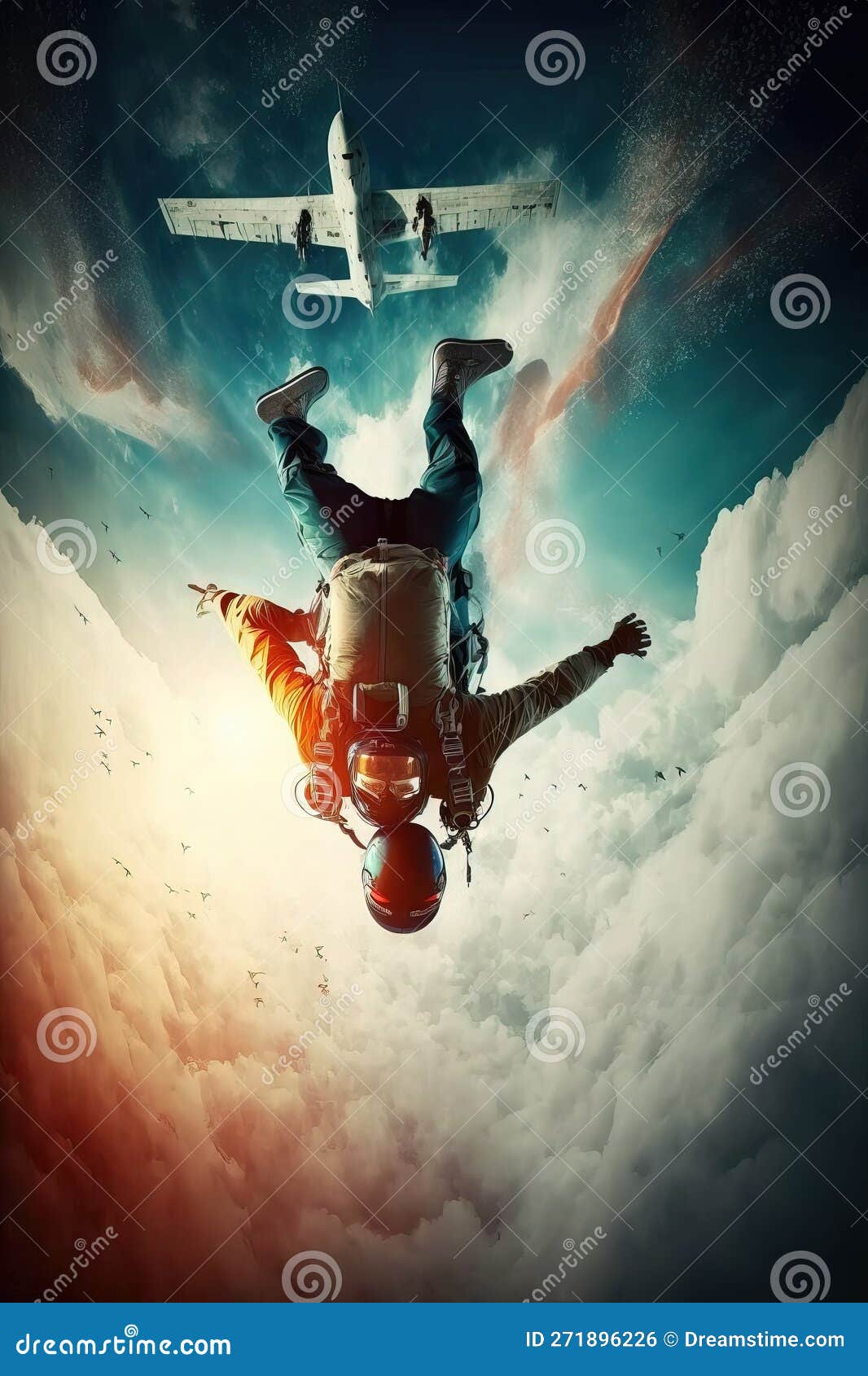 Skydiver Jumping With Parachute And Flying Through Air, Vector Cartoon ...