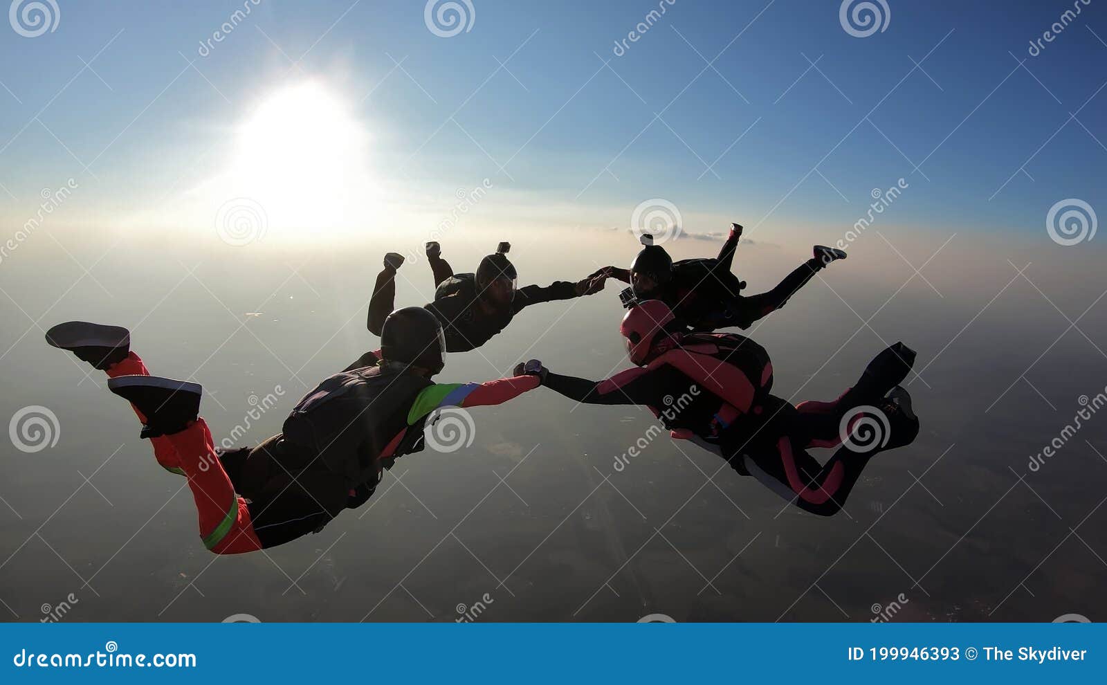 Skydiving Group Silhouette at the Sunset. Stock Image - Image of ...