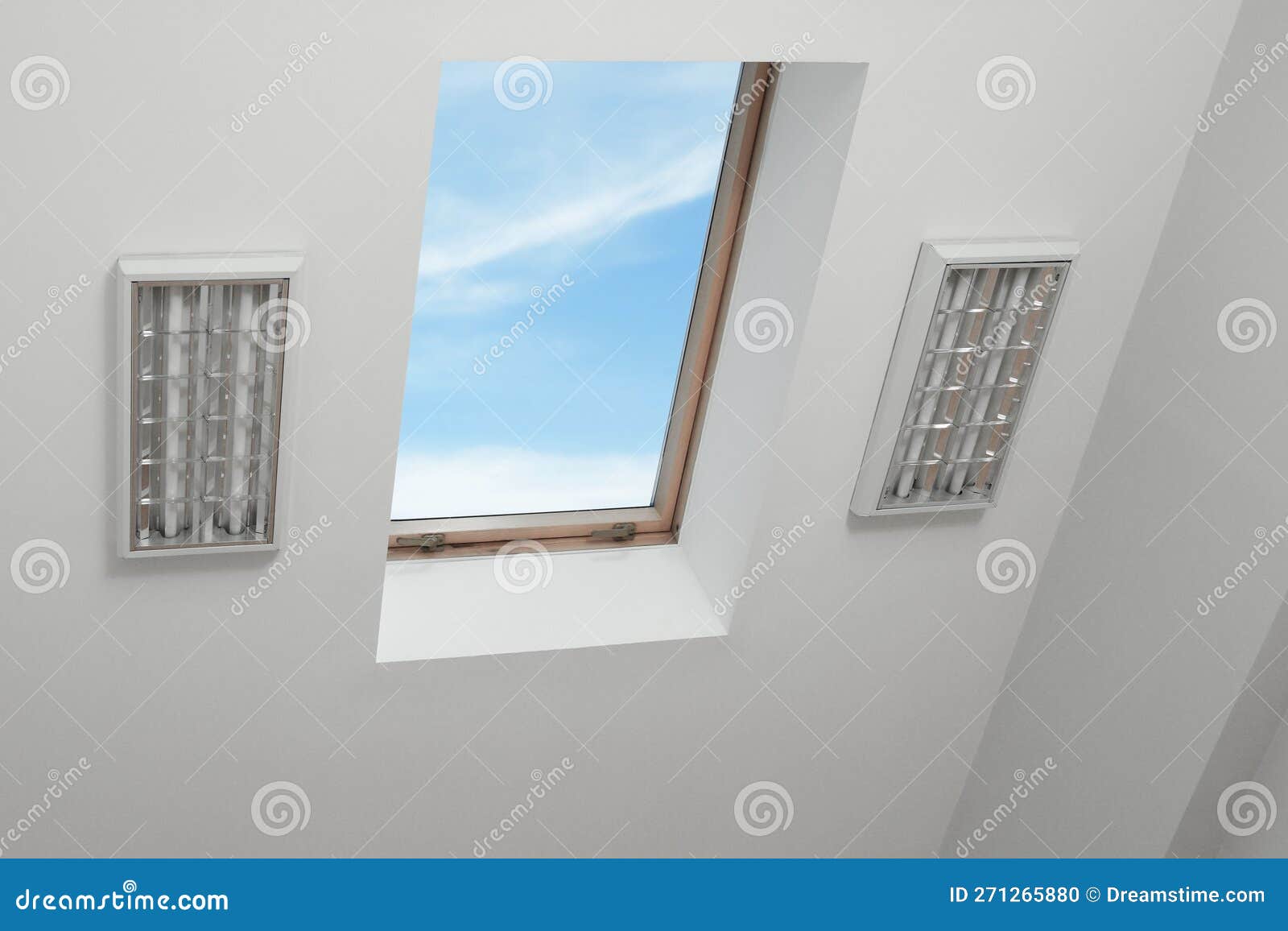 Skylight Roof Window on Slanted Ceiling in Attic Room, Low Angle View ...