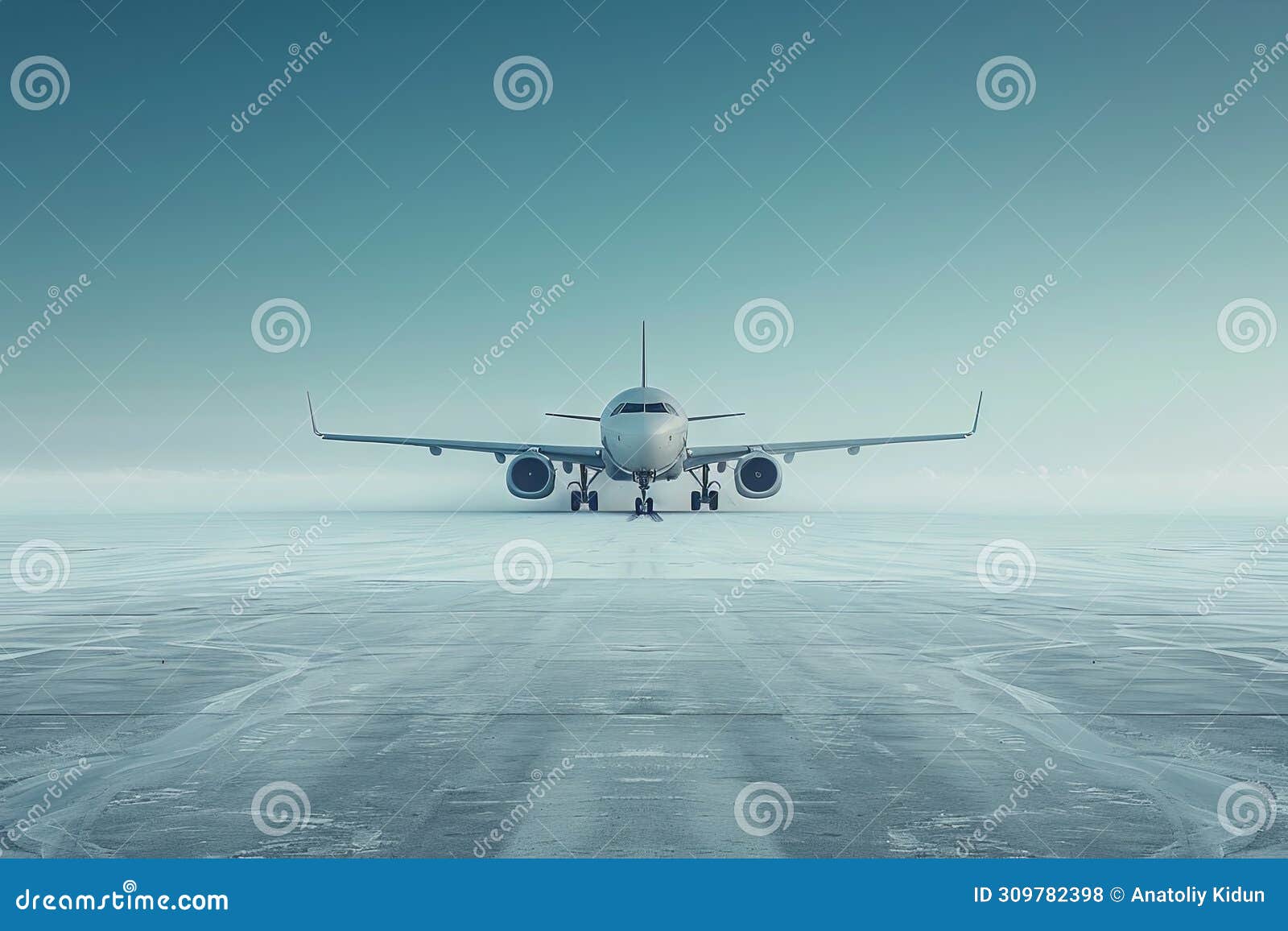 Skyline An Airliner Landing On A Runway In Aerodrome In The Style Of
