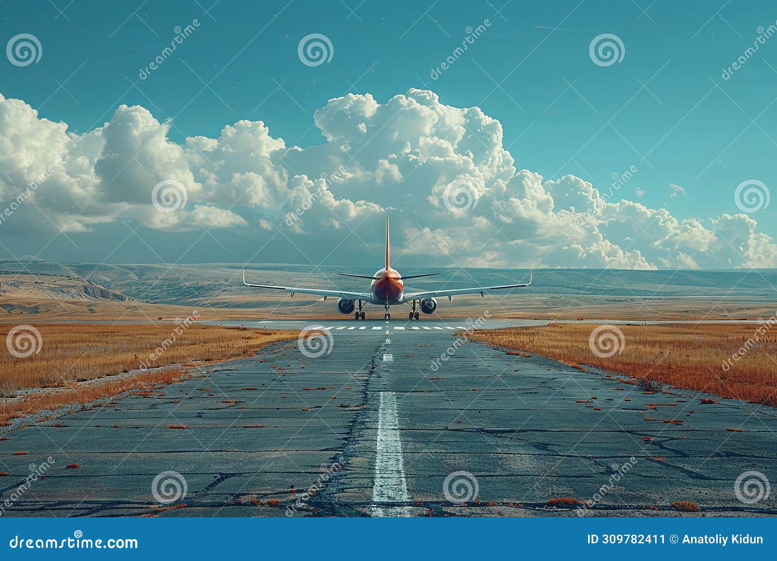 Skyline An Airliner Landing On A Runway In Aerodrome In The Style Of