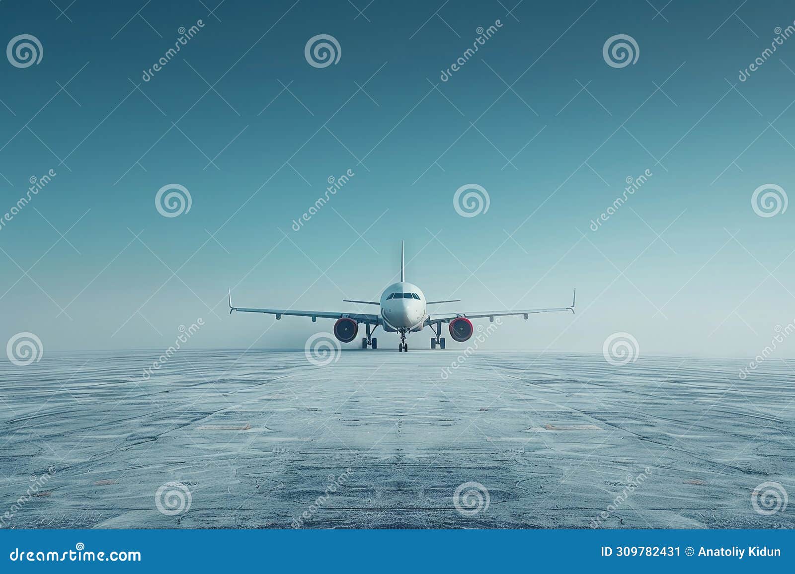 Skyline An Airliner Landing On A Runway In Aerodrome In The Style Of