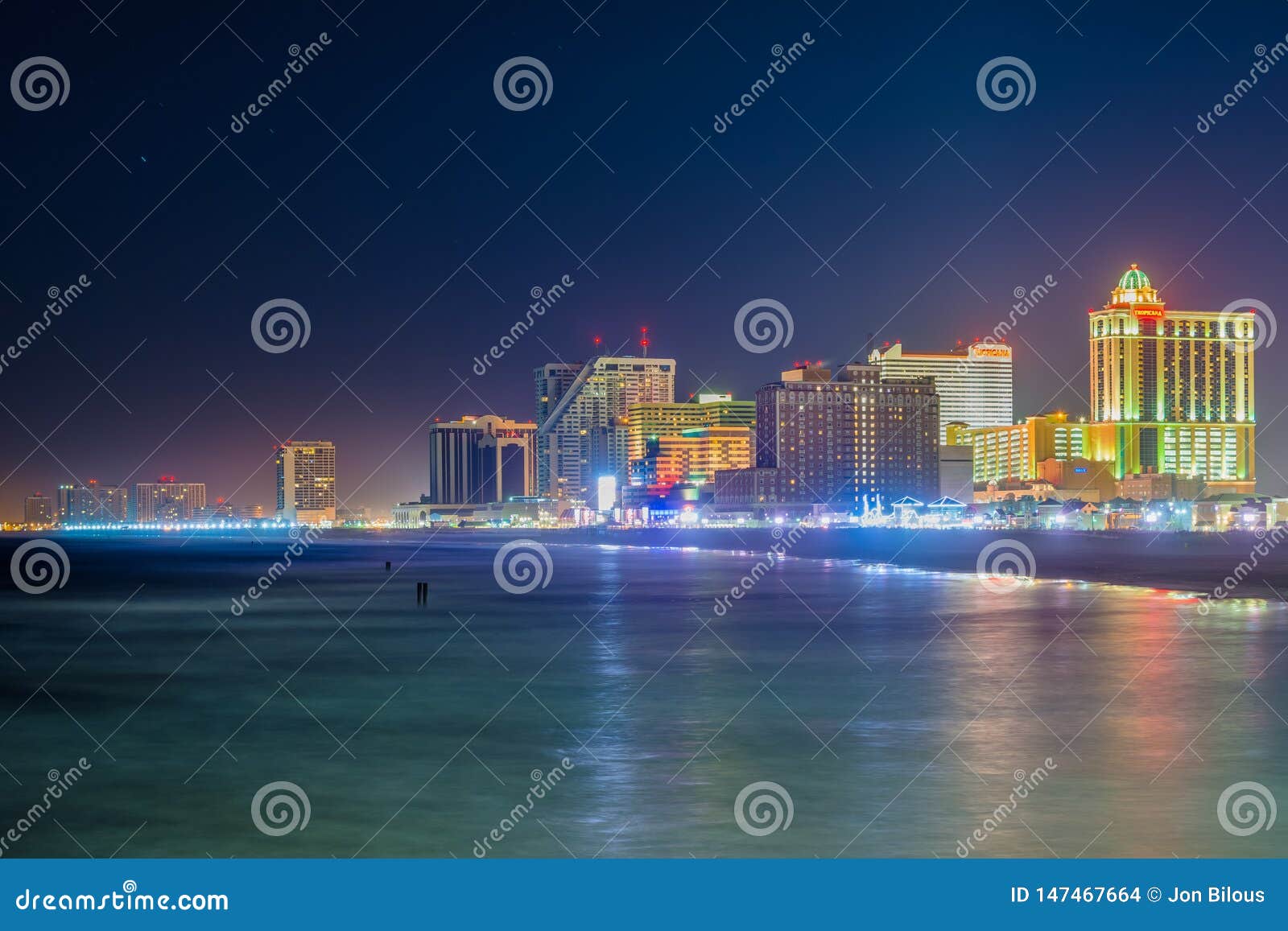 The Skyline and Atlantic Ocean at Night, in Atlantic City, New Jersey ...
