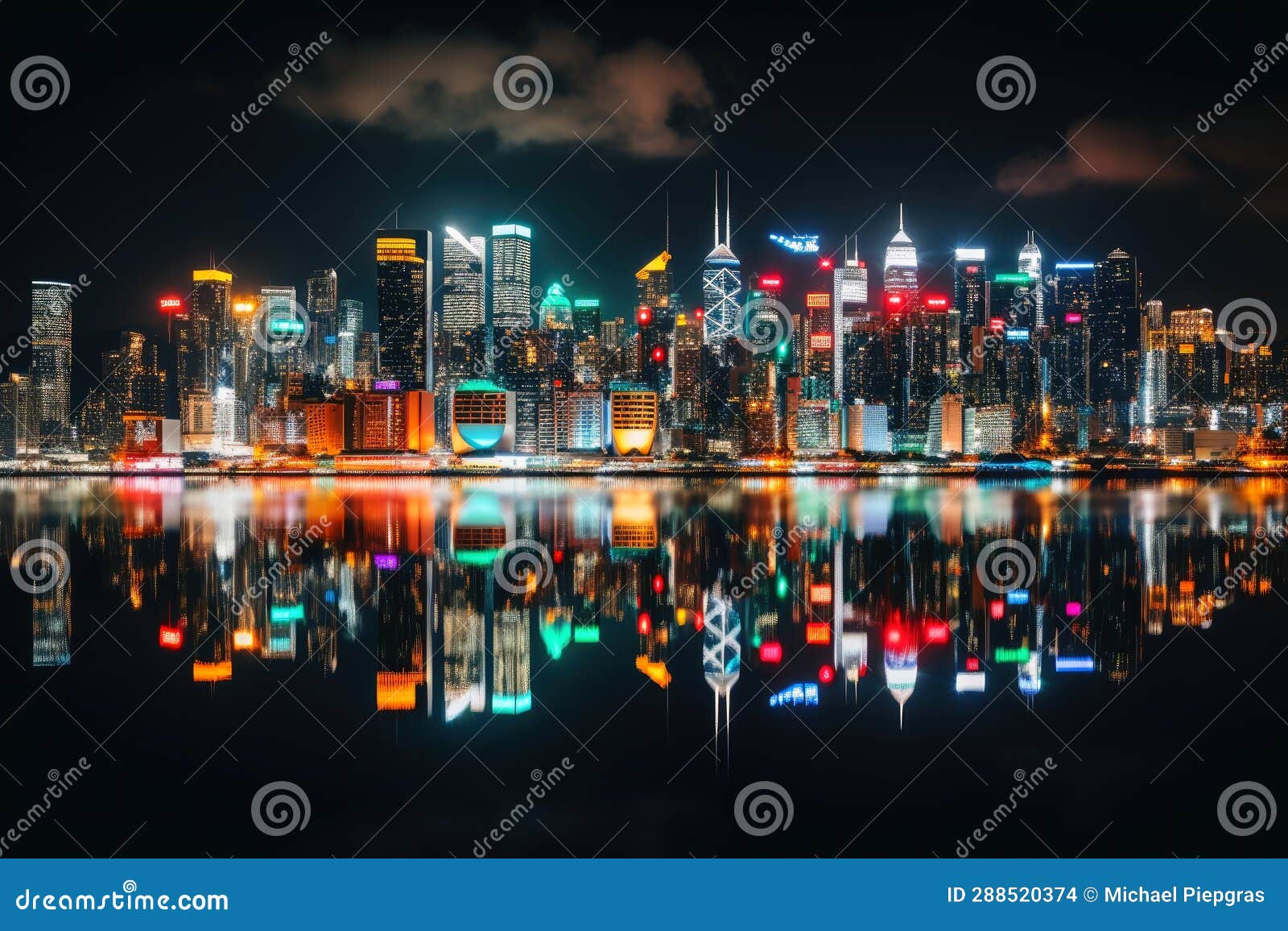 A Skyline of a Big City in the Night with Water Reflections Stock ...