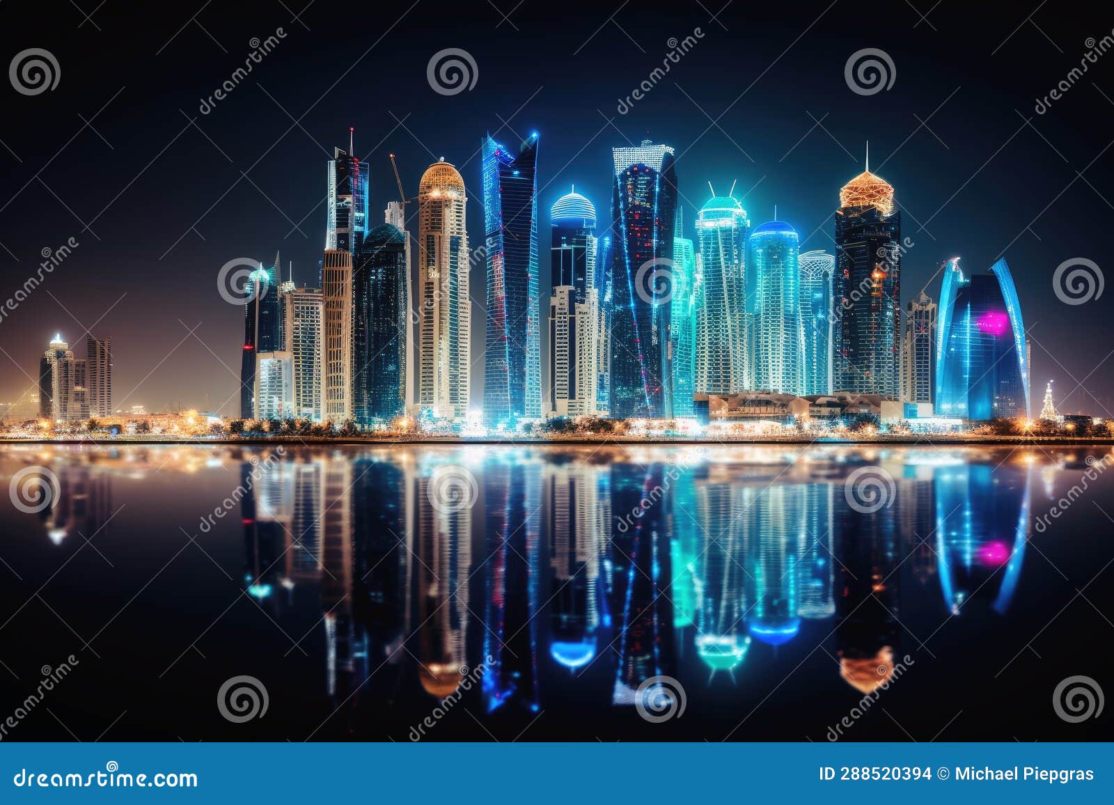 A Skyline of a Big City in the Night with Water Reflections Stock ...