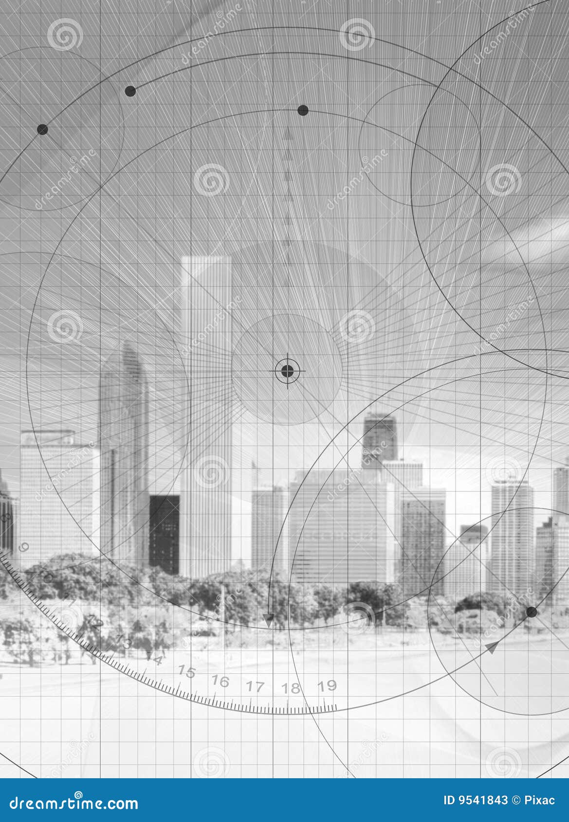 Skyline with Blueprint Detail Stock Illustration - Illustration of high ...