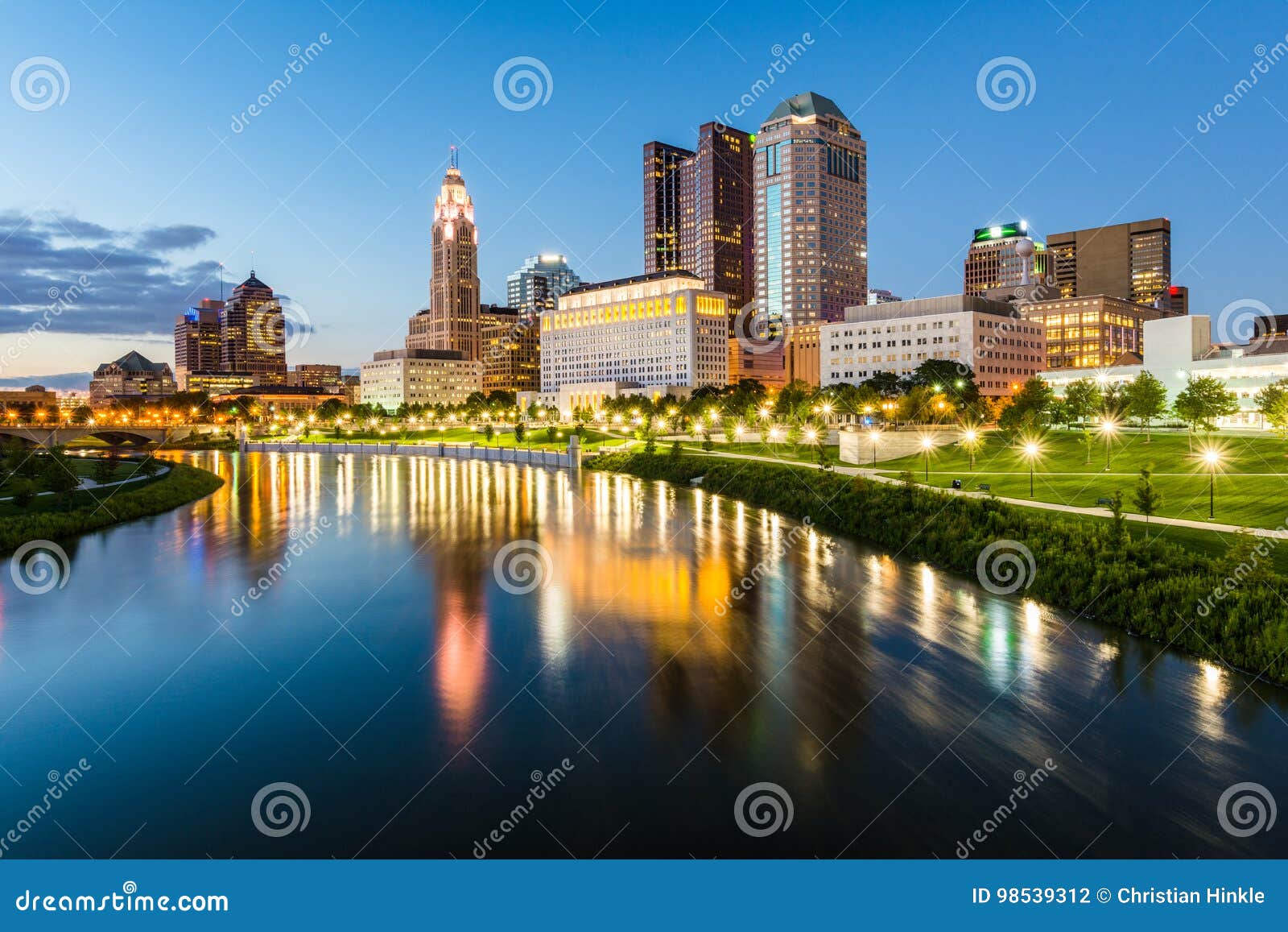 Skyline of Columbus, Ohio from Bicentennial Park Bridge at Night ...