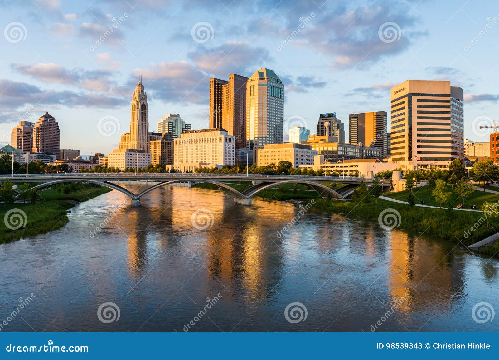 Skyline Of Columbus, Ohio From Bicentennial Park Bridge At Night ...