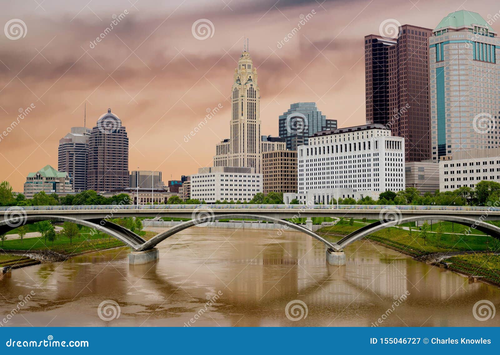 Skyline of Columbus Ohio on the River with Bridge Reflection Stock ...