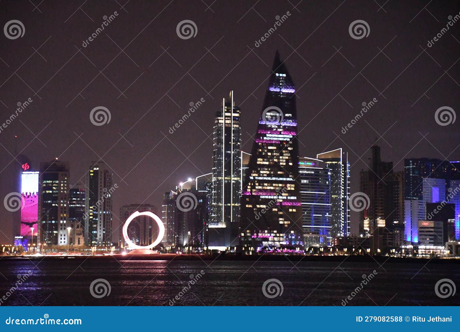 Skyline of Doha, Qatar, at Night Editorial Stock Photo - Image of ...