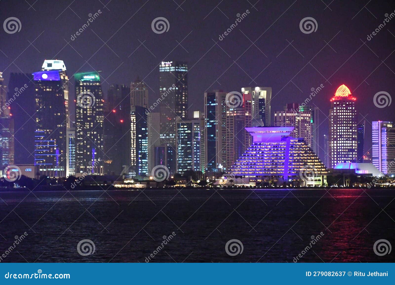 Skyline of Doha, Qatar, at Night Stock Image - Image of interest, gulf ...