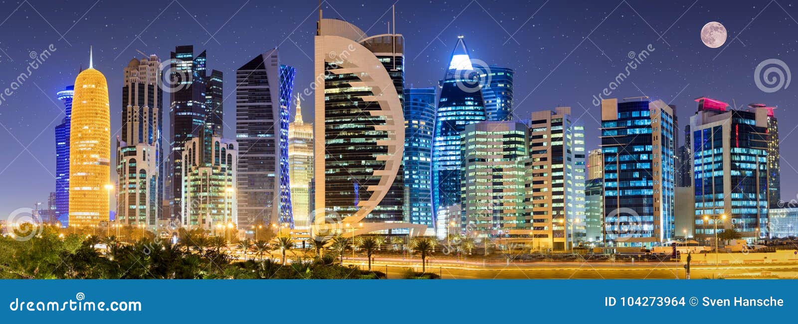 The Skyline of Doha with Full Moon and Stars Stock Photo - Image of ...