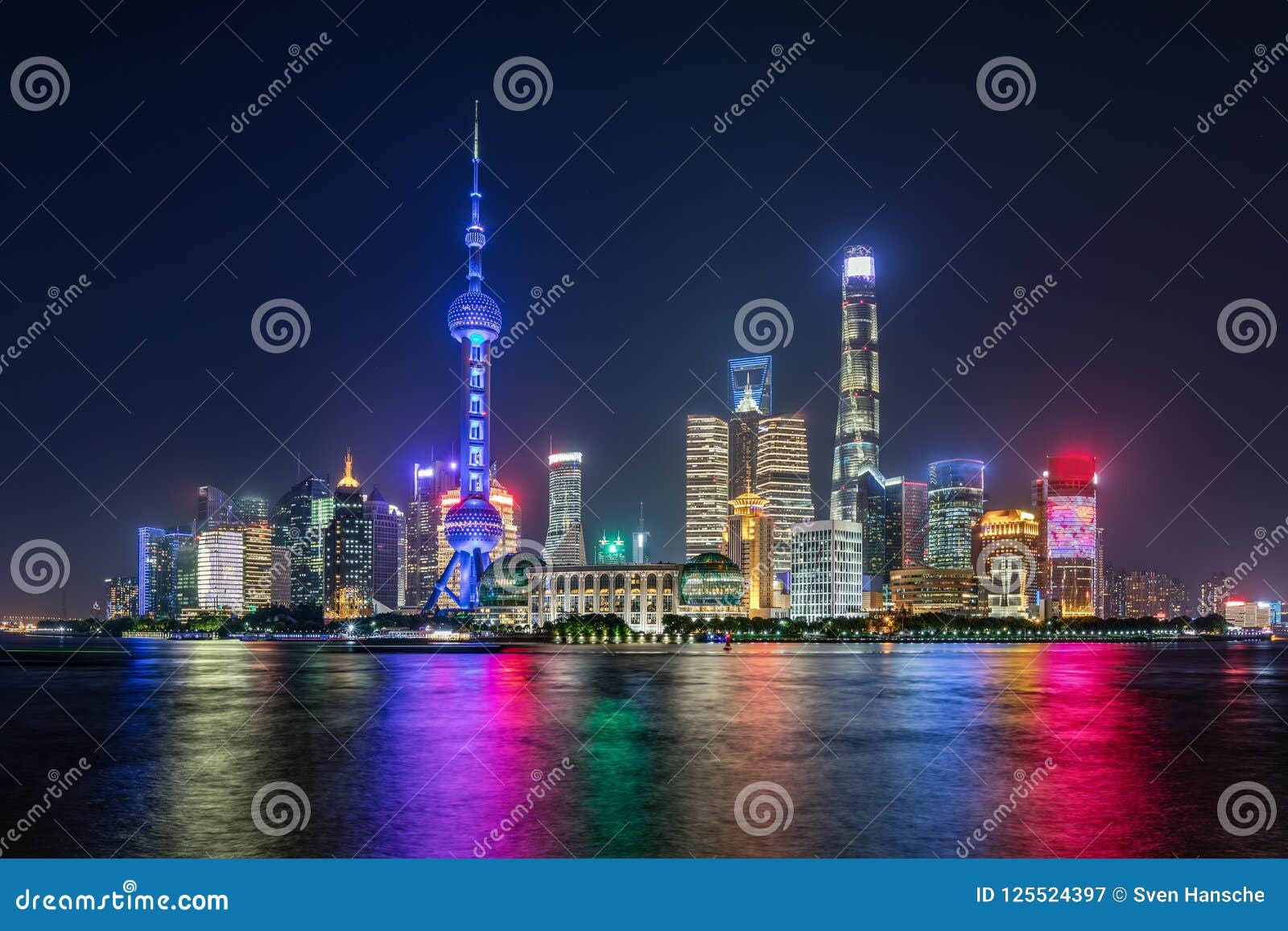 The Skyline of Downtown Shanghai during Night Time Stock Image - Image ...