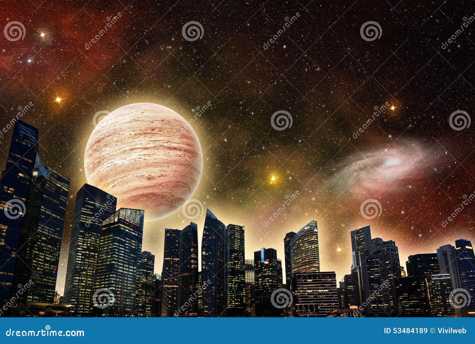 Skyline of a Futuristic City Stock Illustration - Illustration of night ...