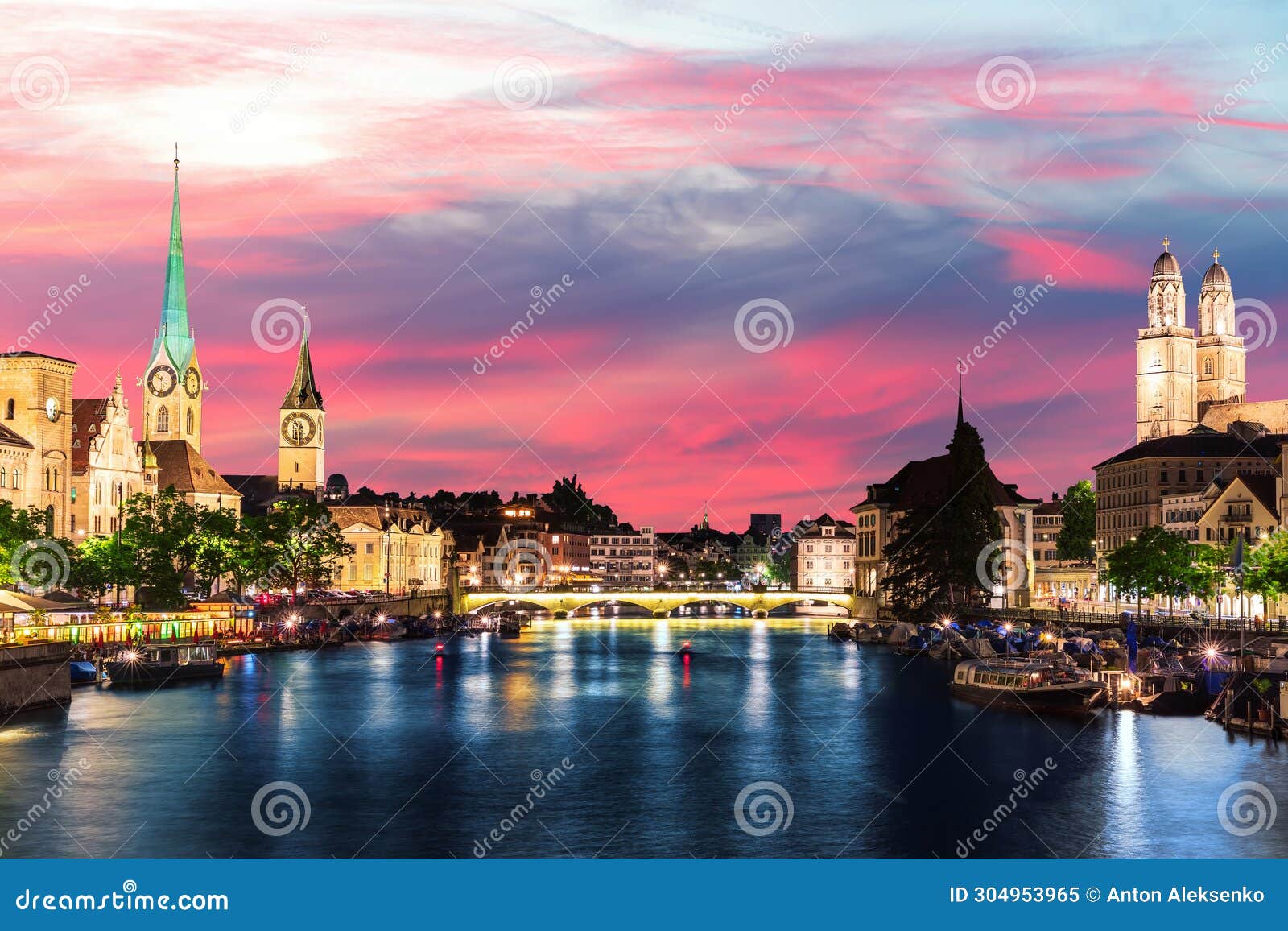 Skyline Night Panorama on the Downtown of Zurich, Switzerland Stock ...