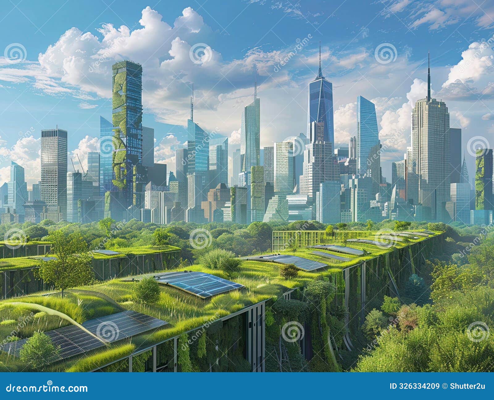Skyline of Progress Featuring Green Roofs and Solar Power in a Clean ...