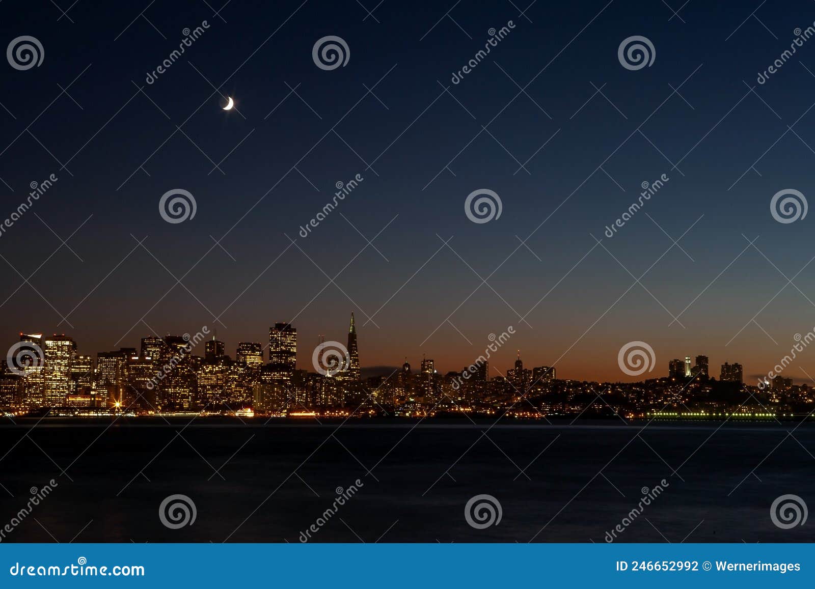 The Skyline of San Francisco and Moon at Night Stock Photo - Image of ...
