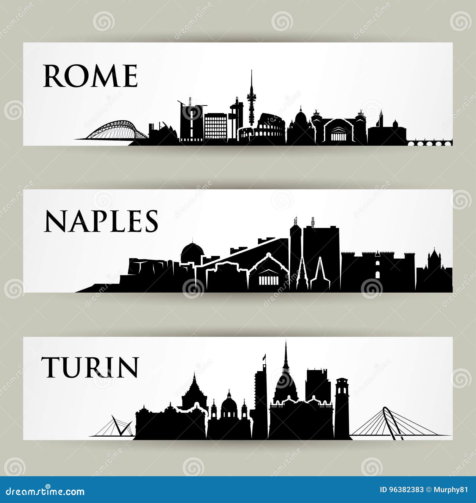 Italian Cities Skylines Isolated High Detailed Icons In Tints Of Blue ...