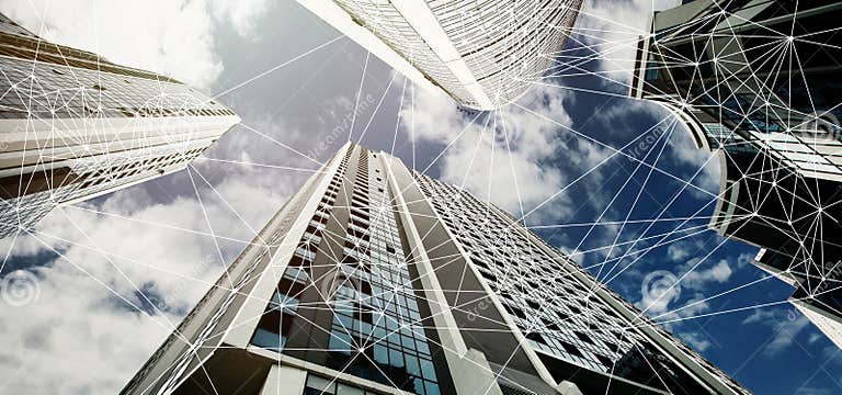Skyscarpers on the Background of Blue Cloudy Sky, IoT, Network, Data ...