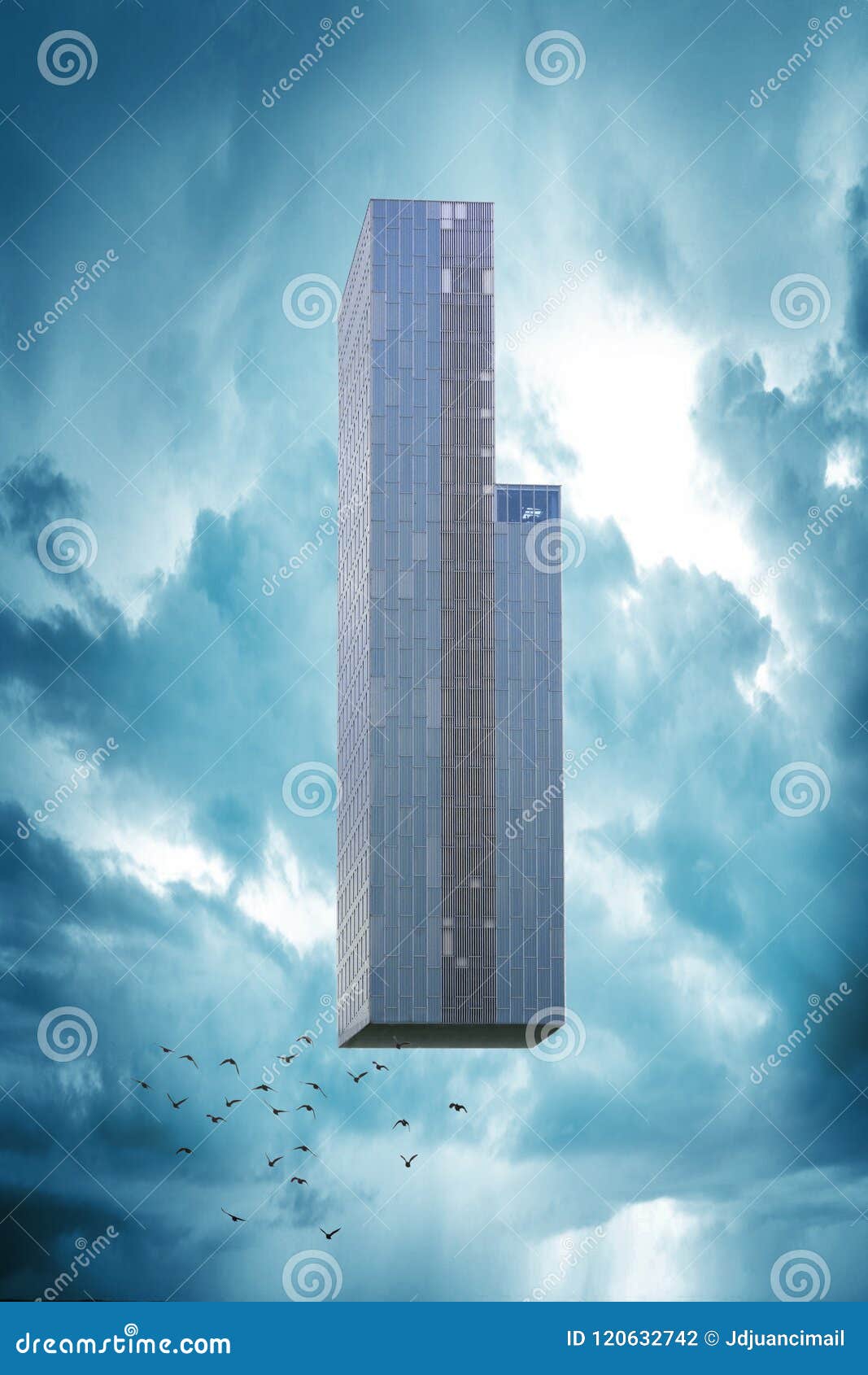 Skyscraper Building Floating in the Air Against a Blue Cloudy Sky ...