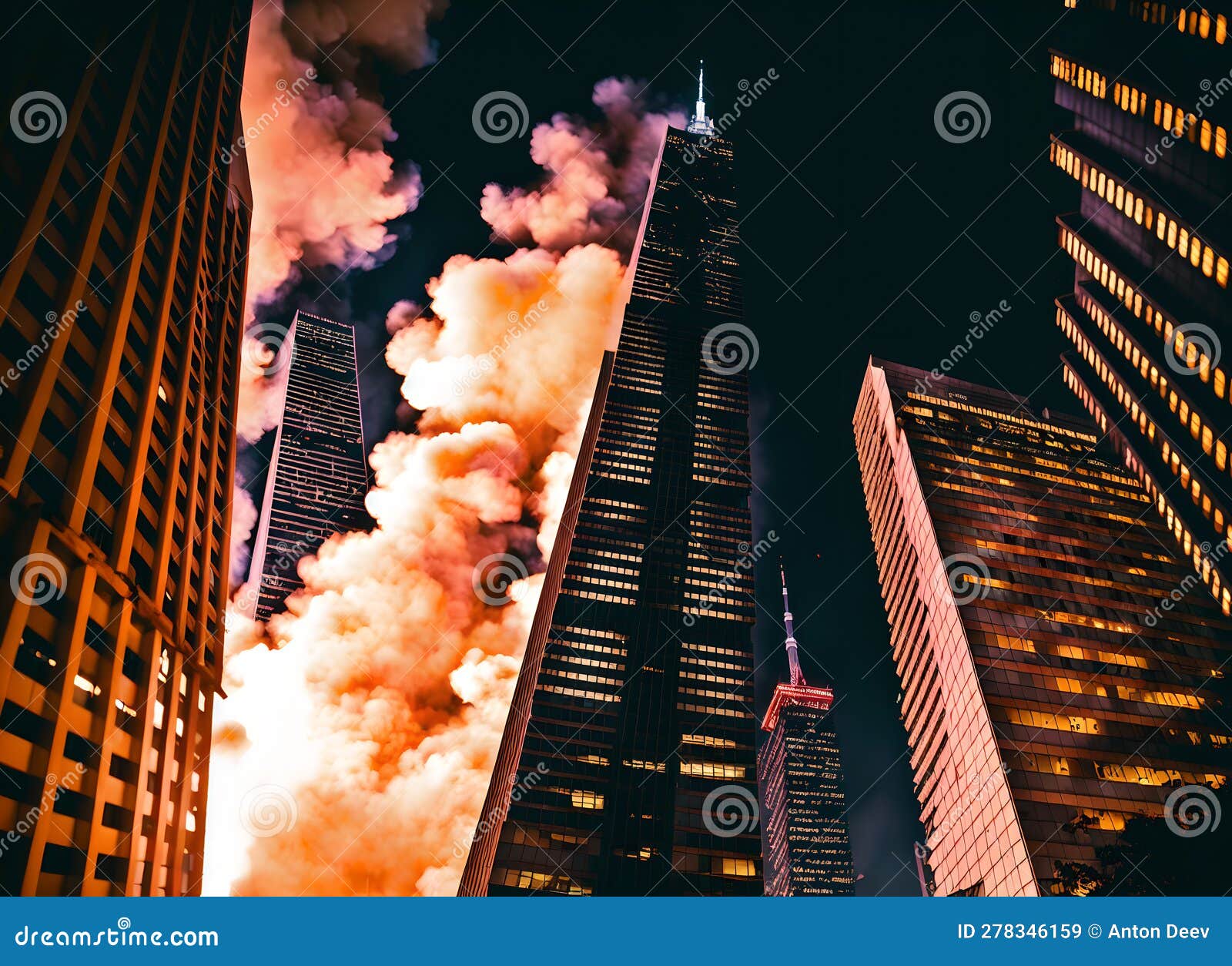 Skyscraper Burning in Nighttime. Contemporary Tall Skyscraper with ...