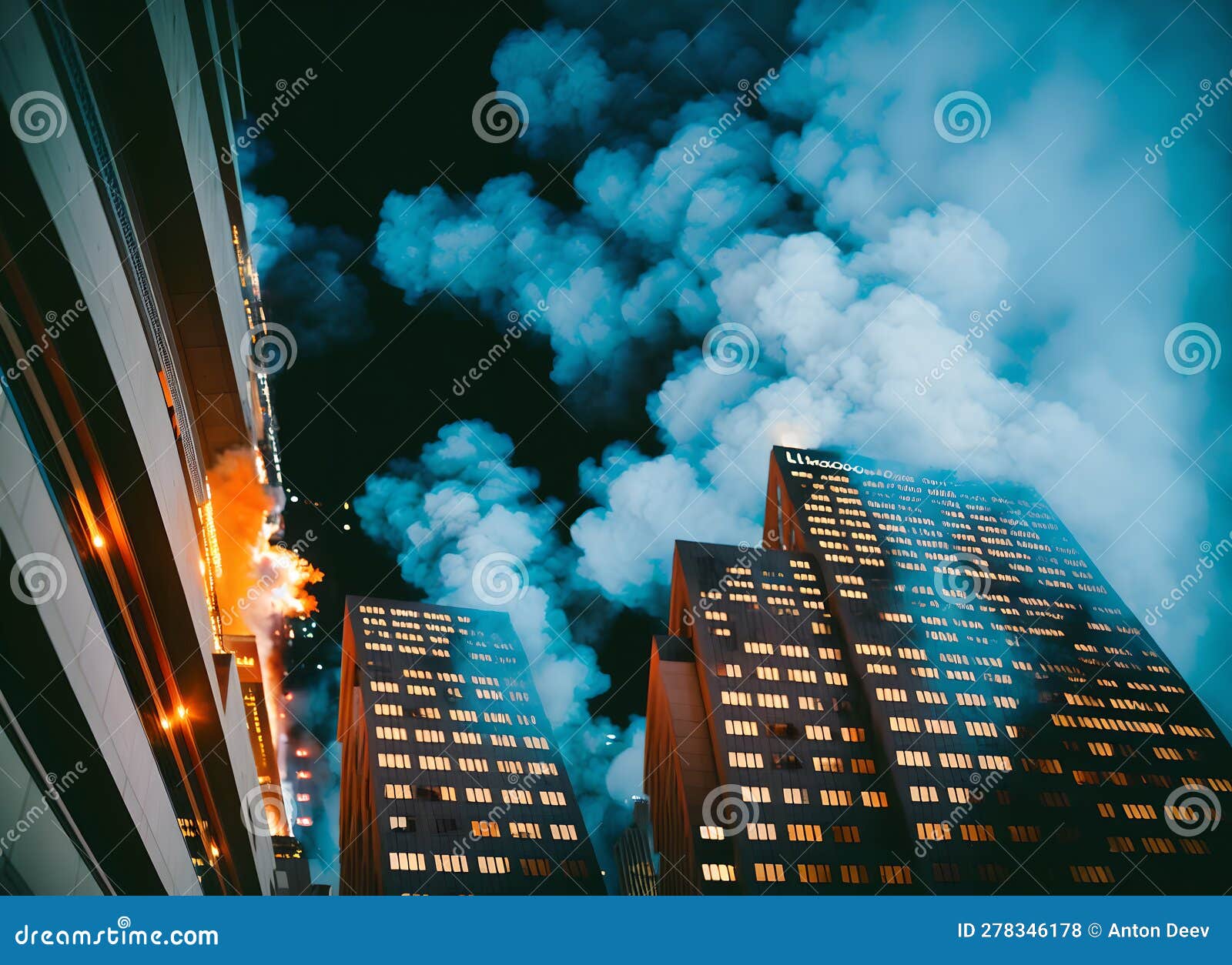 Skyscraper Burning in Nighttime. Contemporary Tall Skyscraper with ...