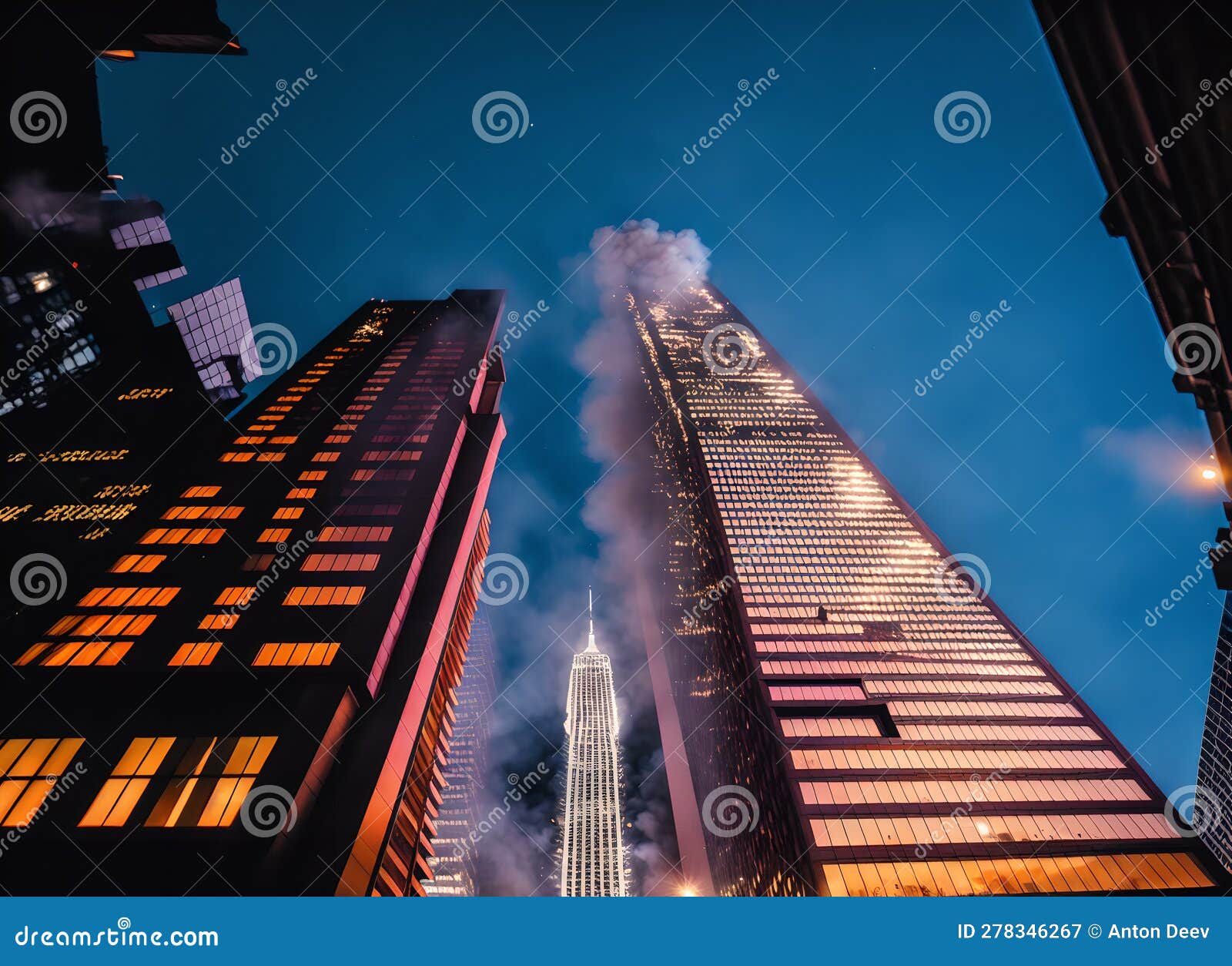 Skyscraper Burning in Nighttime. Contemporary Tall Skyscraper with ...