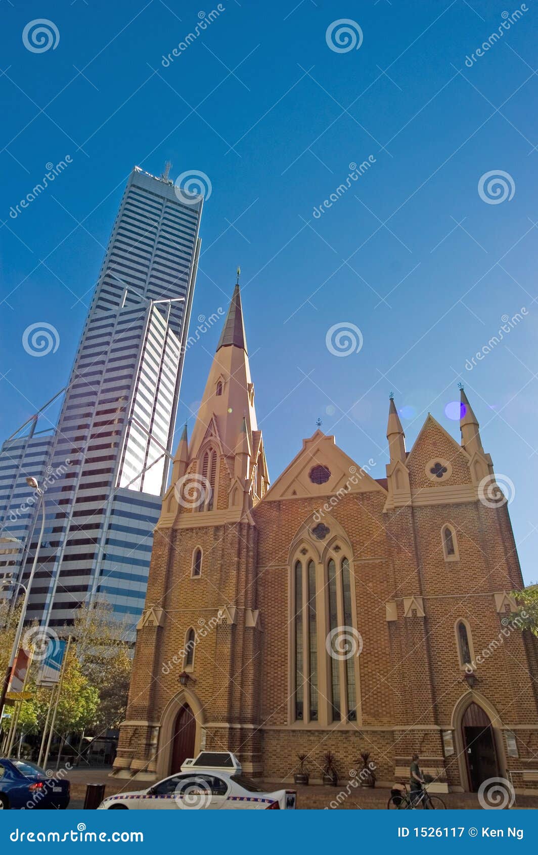 Skyscraper and Church in City Setting with Traffic in Perth Stock Image ...