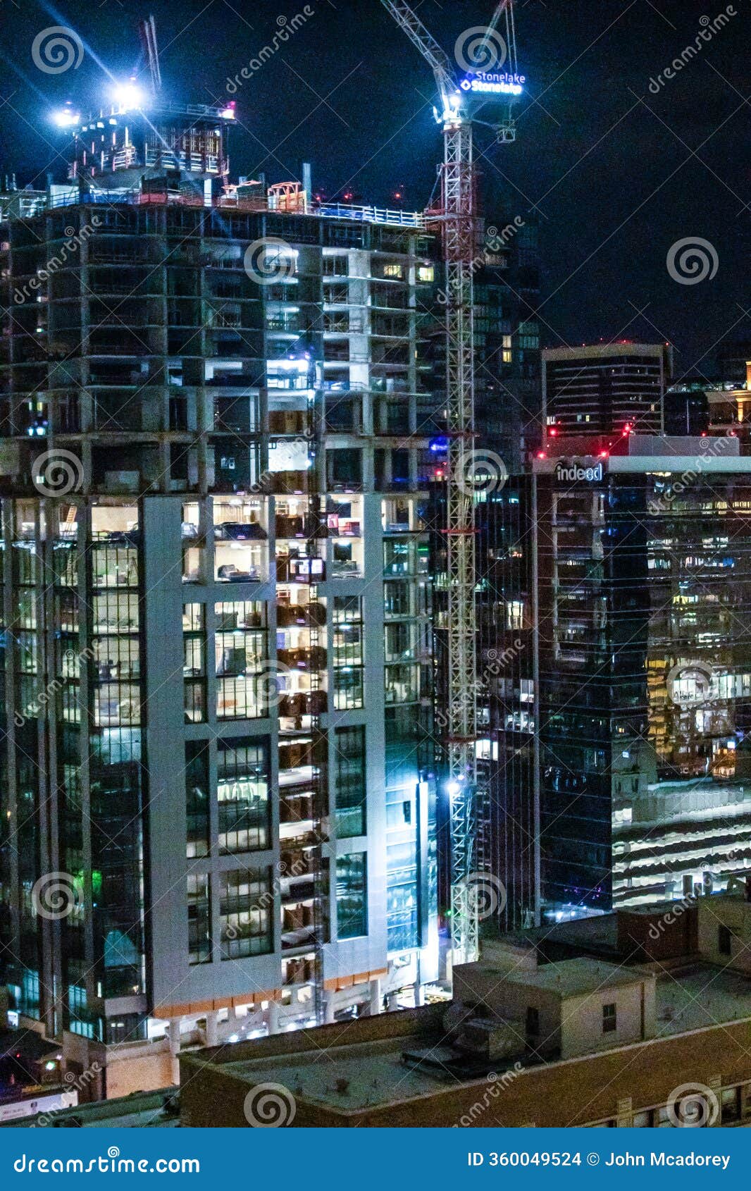 Skyscraper and Construction Cranes in Downtown Austin at Night Editorial Stock Image - Image of ...