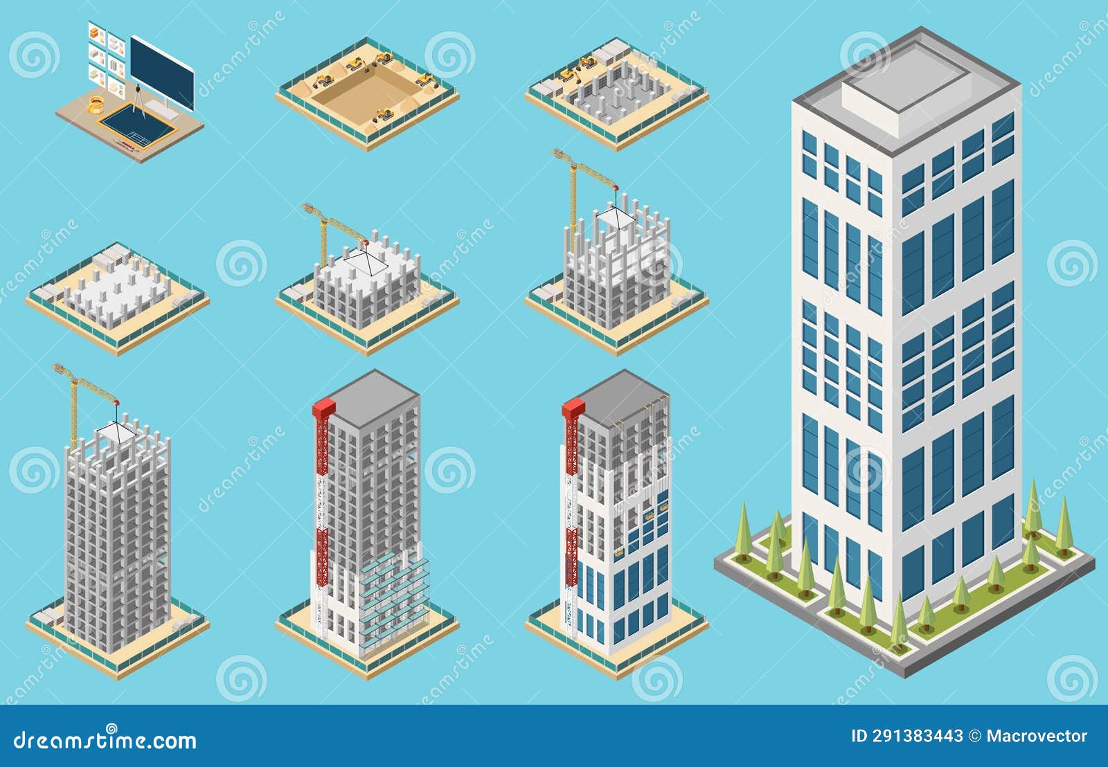 Skyscraper Construction Isometric Flowchart Cartoon Vector | CartoonDealer.com #111419147