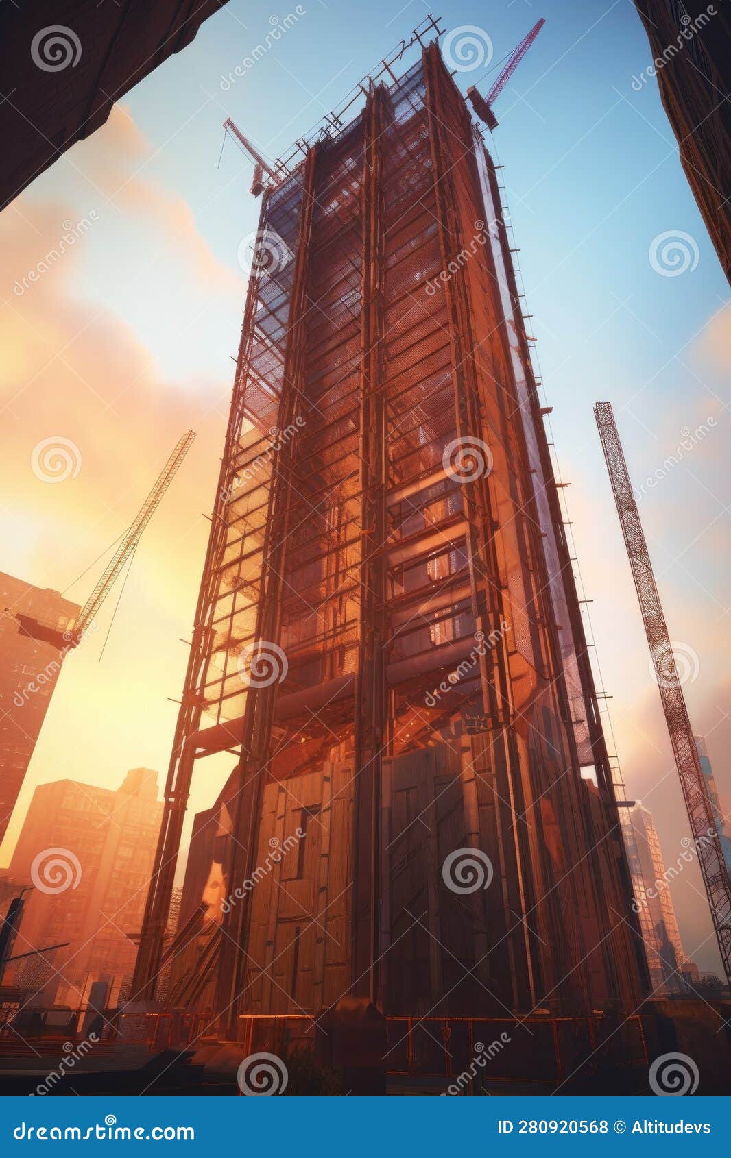 Skyscraper Construction with Steel Beams in Sunset Light Stock ...