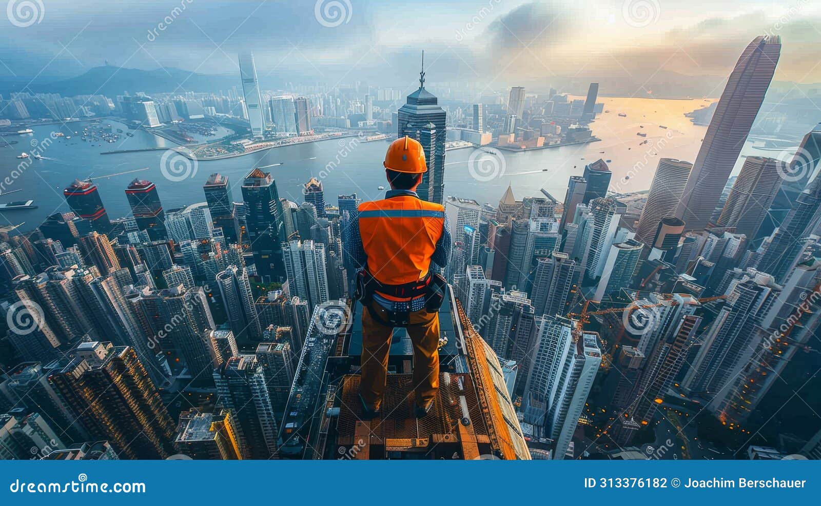 Skyscraper Construction Worker in Dramatic Cityscape Pose with Hyper ...