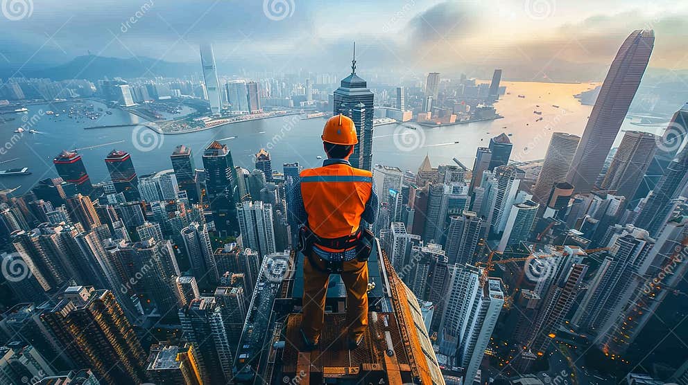 Skyscraper Construction Worker in Dramatic Cityscape Pose with Hyper Realistic Detail Stock ...