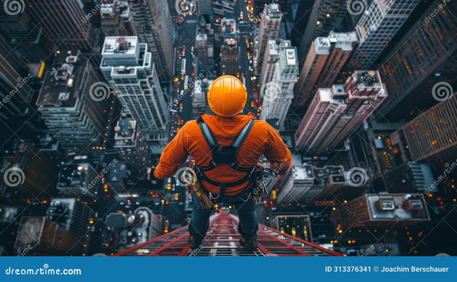 Skyscraper Construction Worker Dynamic Pose in High Altitude Cityscape with Hyper Realistic ...