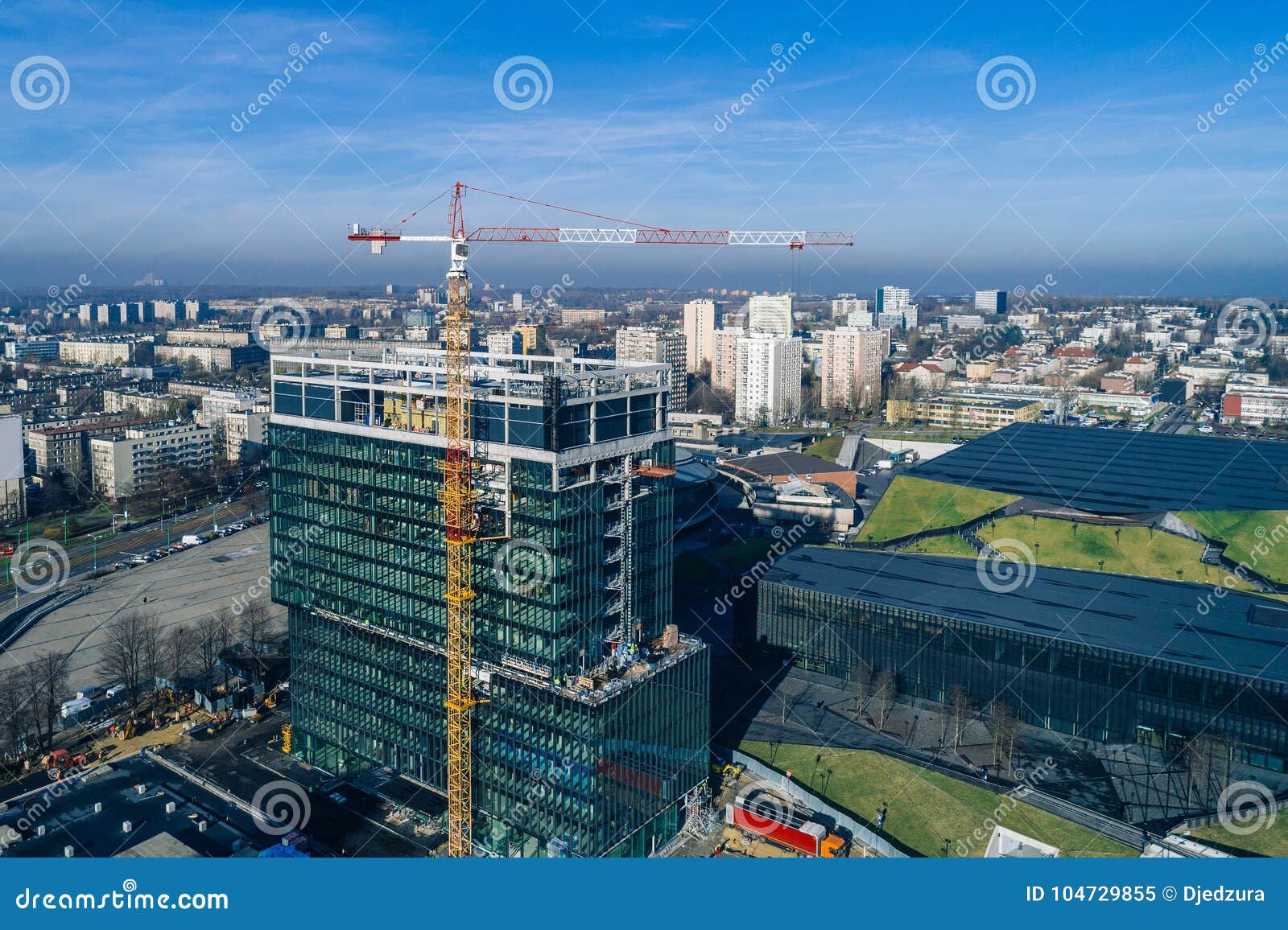 Skyscraper Construction with Working Crane Stock Image - Image of drone ...