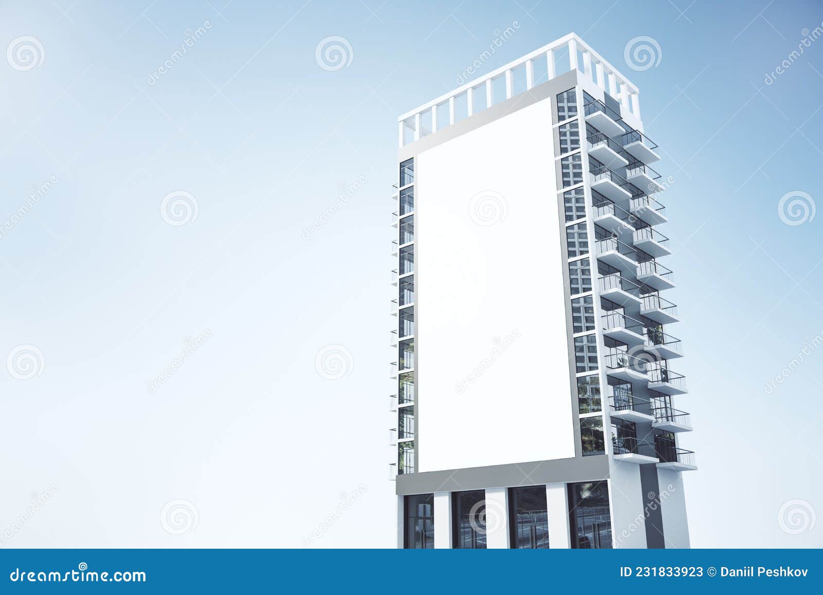 Skyscraper with Empty Rectangular White Billboard Banner on Blue Sky ...