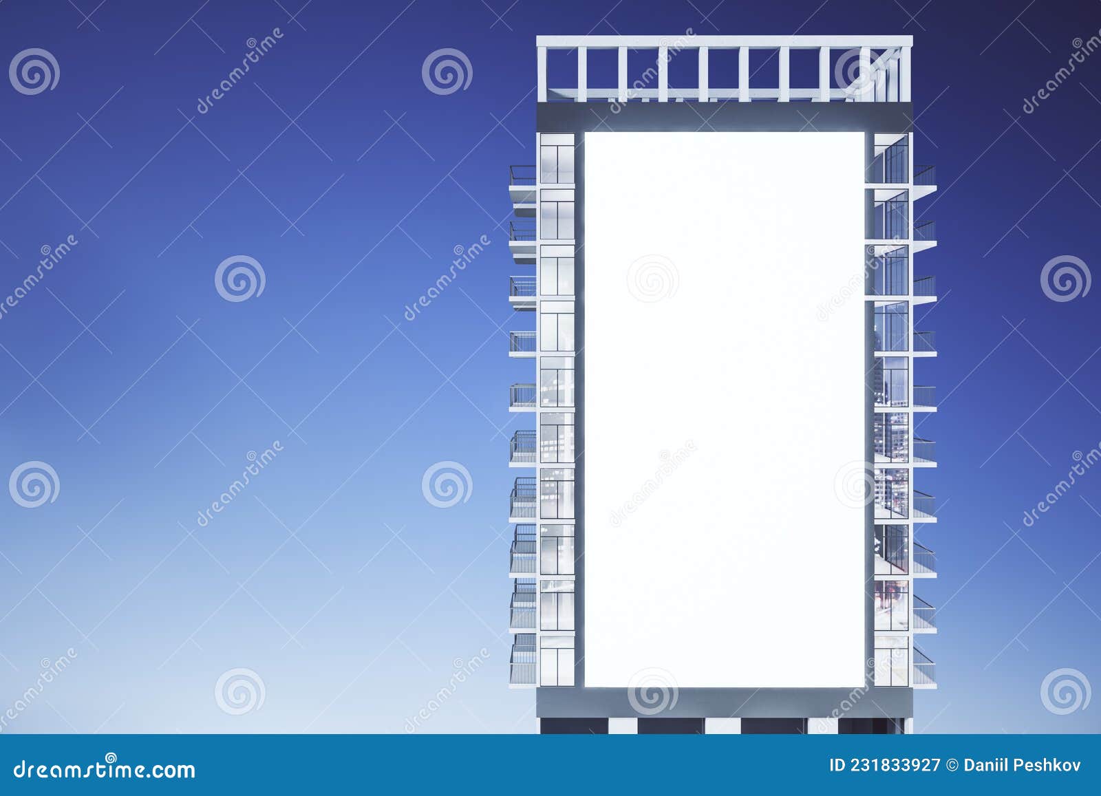 Skyscraper with Empty Rectangular White Billboard Banner on Bright Blue ...
