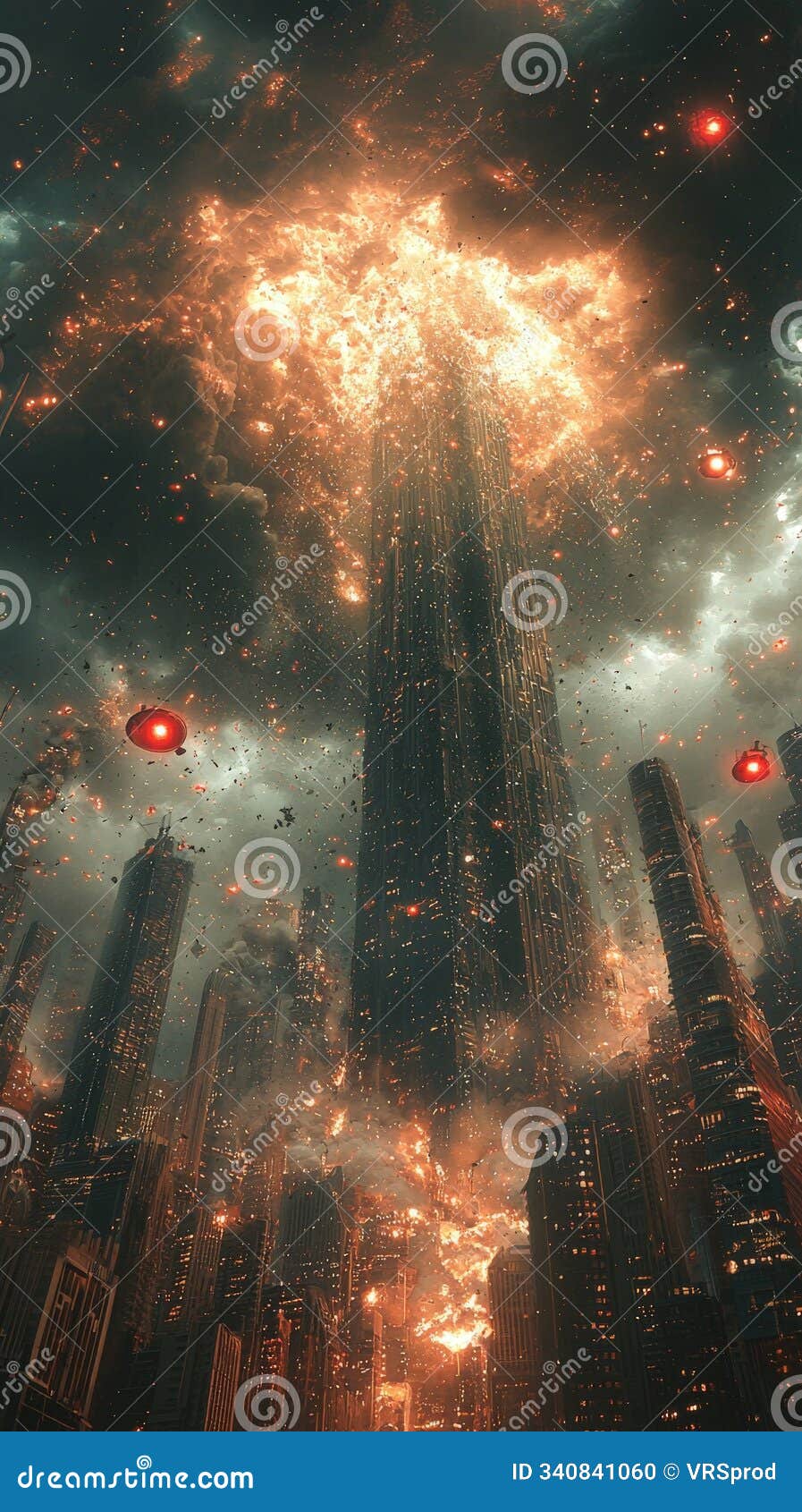 Skyscraper Explosion with Burning Debris and Glowing Orbs Stock Photo ...
