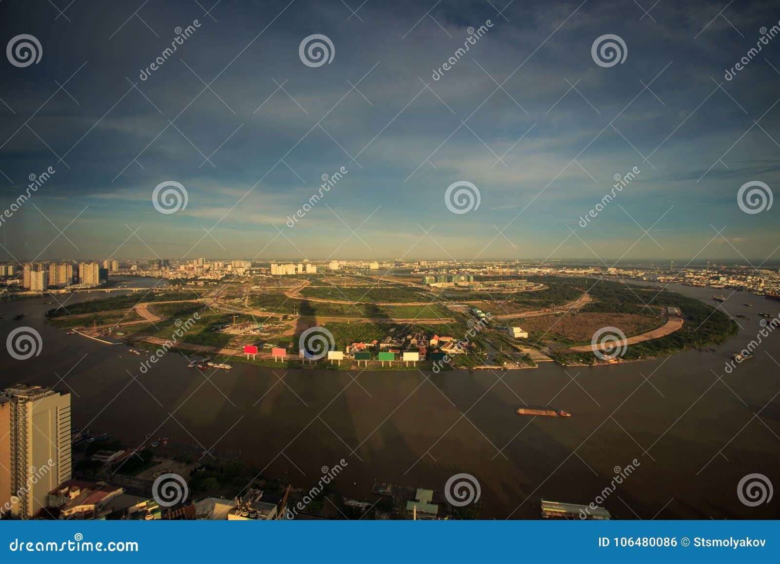Skyscraper Shadows on River Round Peninsula in Saigon at Sunset Stock ...
