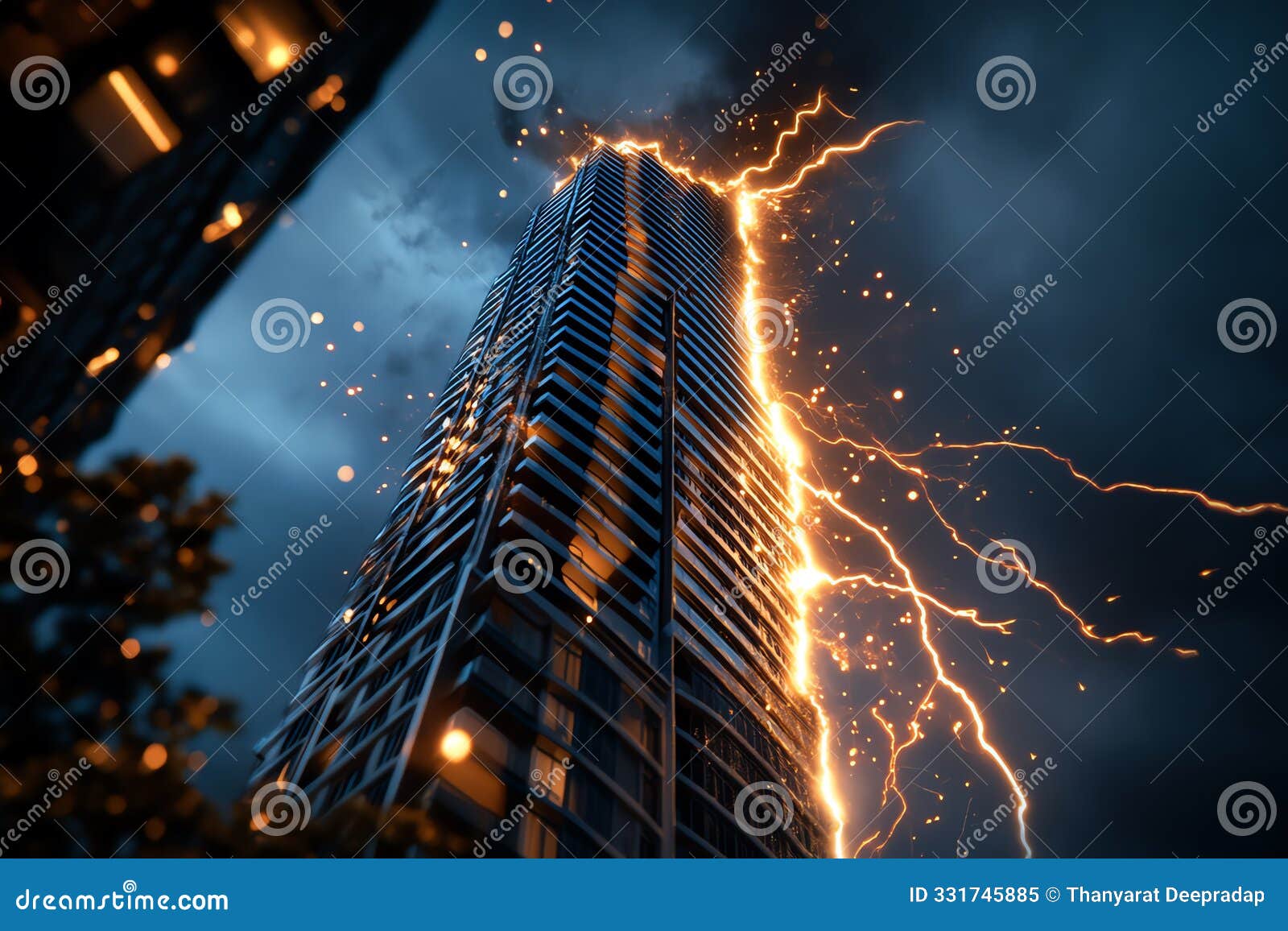 A Skyscraper is Struck by Lightning during a Dramatic Thunderstorm. the ...