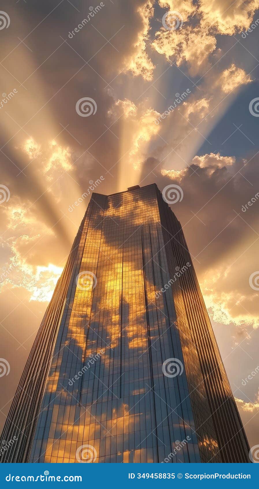 Skyscraper with Sun Rays Reflecting on Glass Facade at Sunset Stock ...