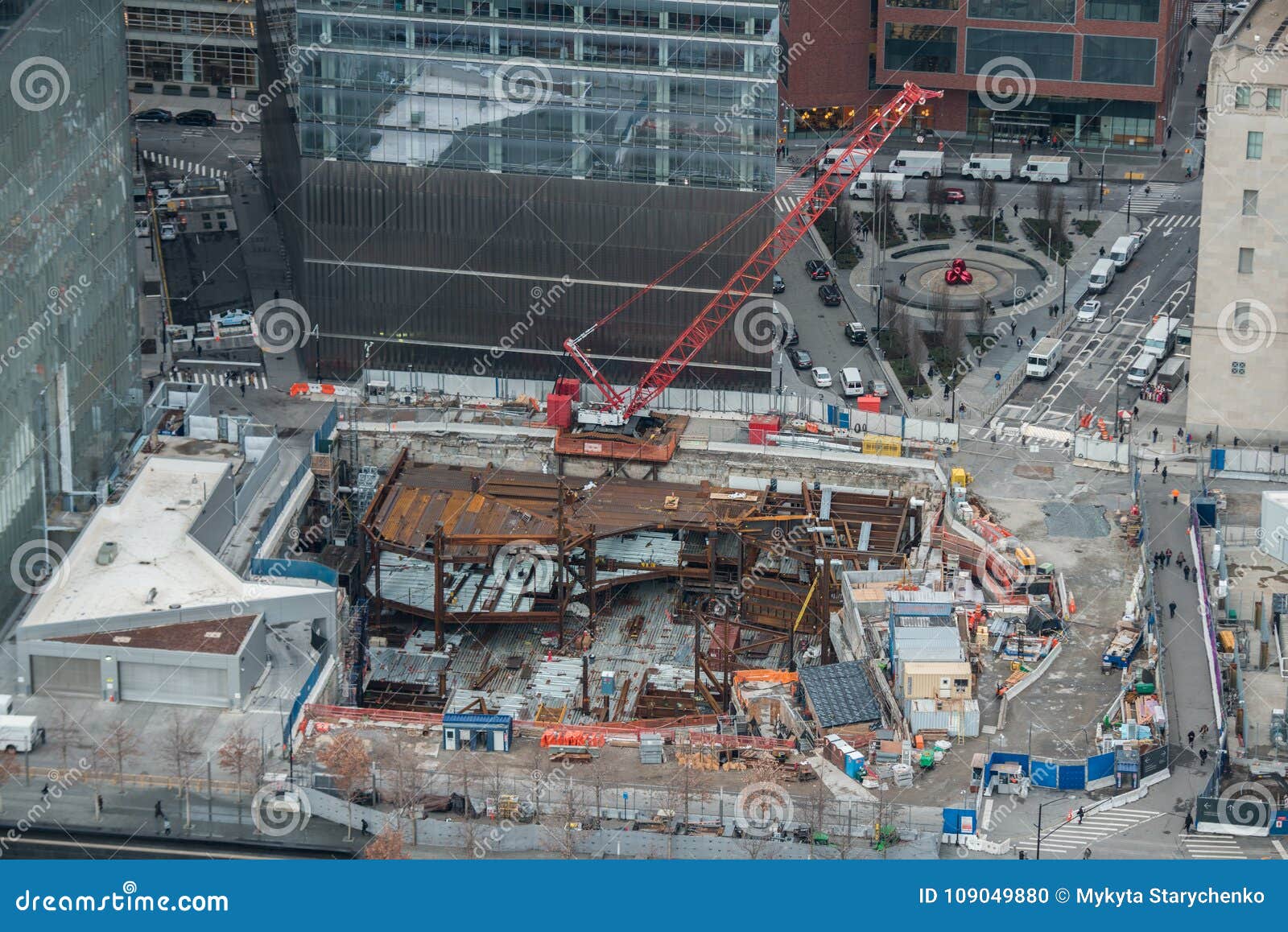 Skyscraper Under Construction. Construction Crane and Workers Work on ...