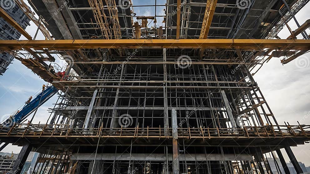 Dynamic Skyscraper Construction Site Featuring Cranes and Steel Beams ...
