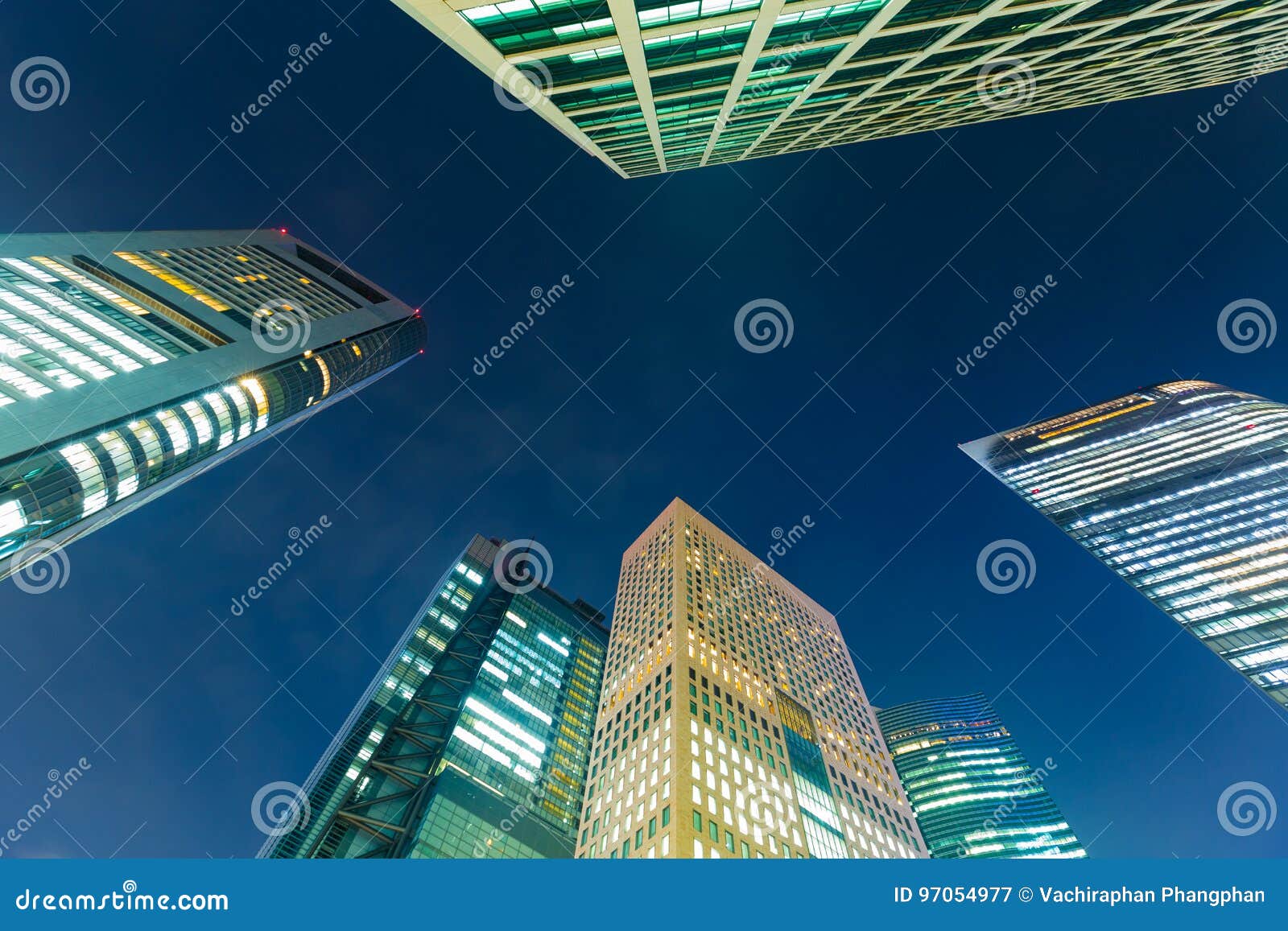 Skyscraper view at night. stock image. Image of perspective - 97054977