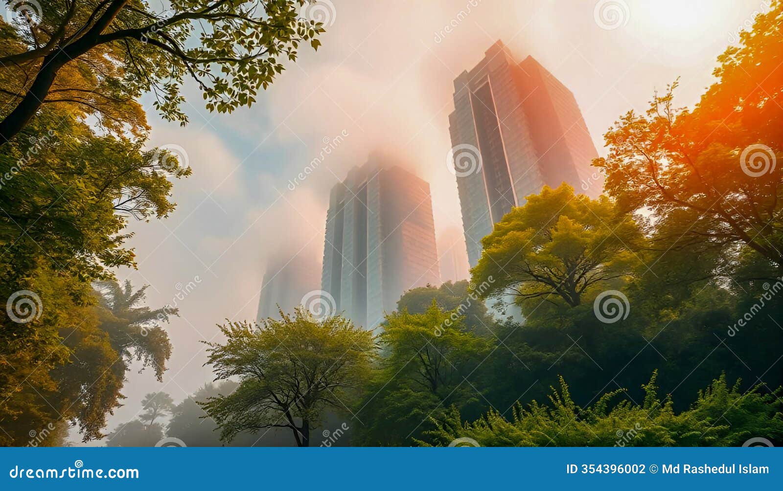 Skyscrapers Barely Visible Behind Layers of Misty Greenery. Generated ...