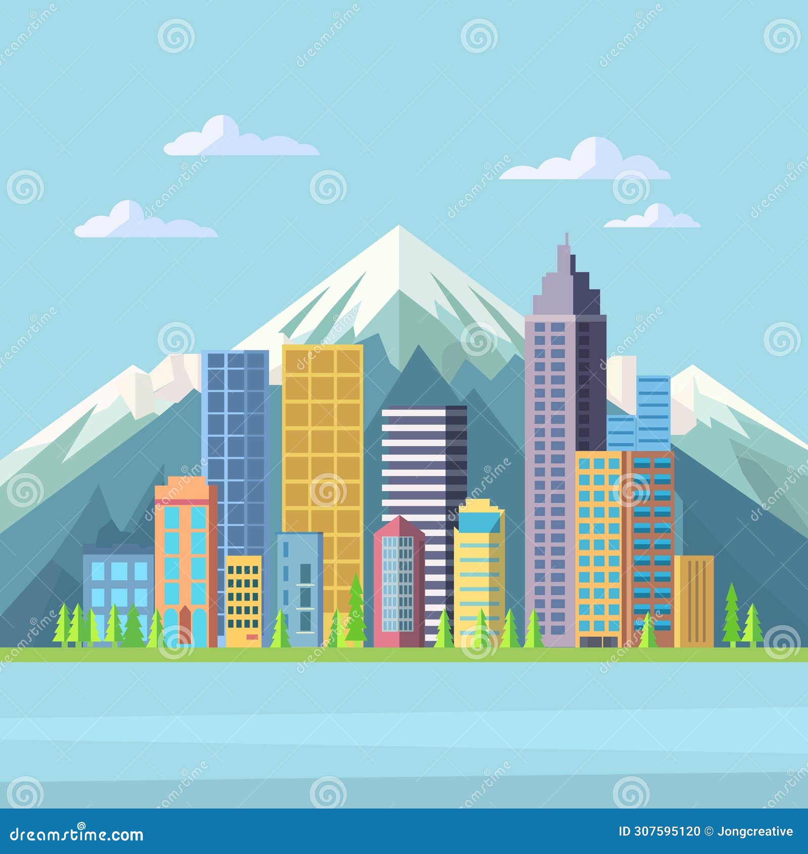 Skyscrapers Building with Mountain View in Bright Day Flat Design Stock ...