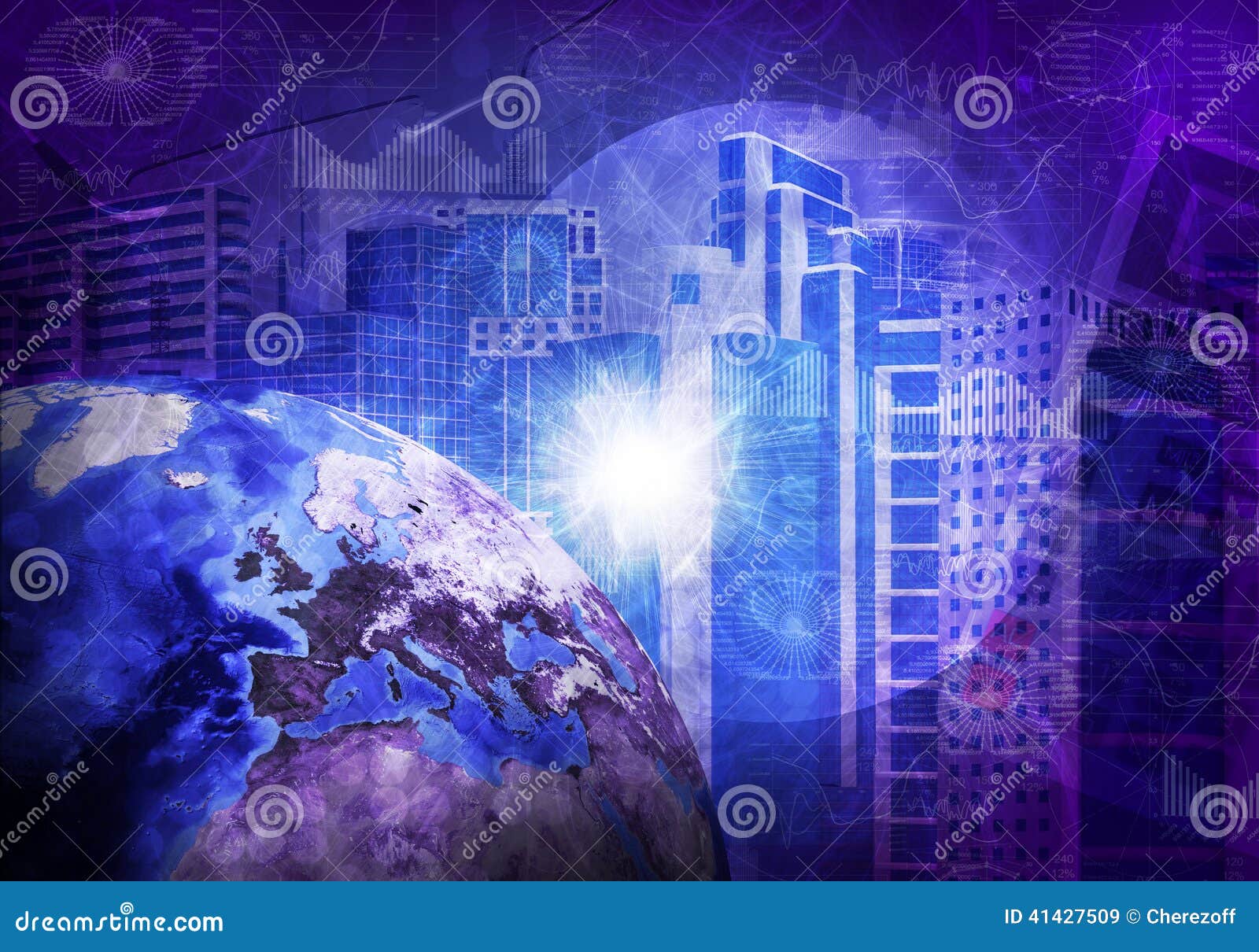 Skyscrapers and Earth. Hi-tech Background Stock Illustration ...